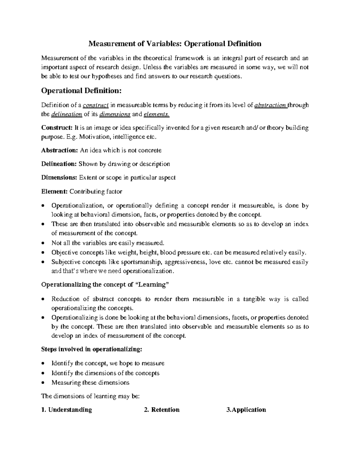 7 - Lecture not's - Measurement of Variables: Operational Definition ...