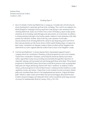 Reading paper 4 socy 2440 - Perez 1 Karlene Perez Deviance and Social Control October 17, 2021 ...