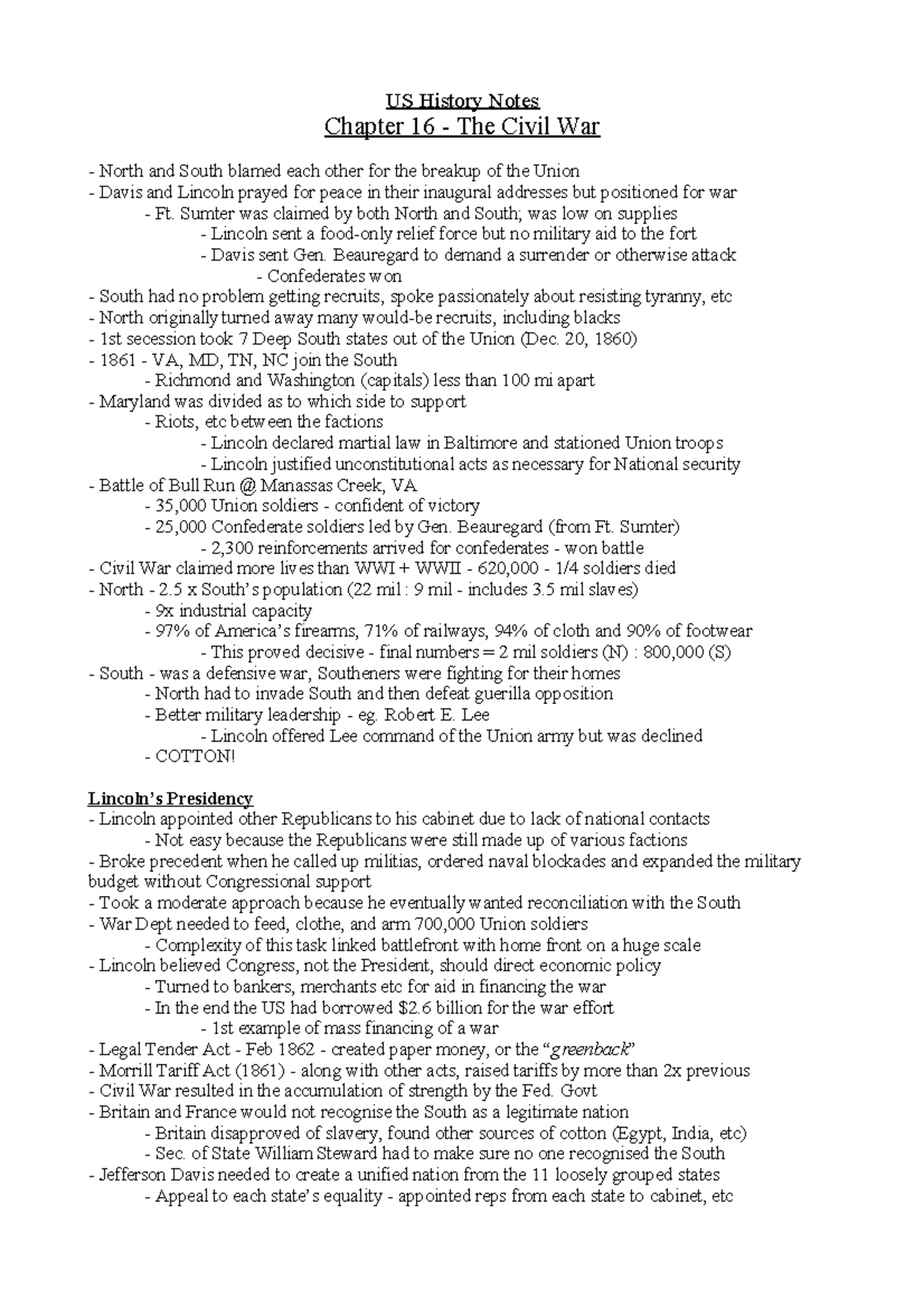 Chpter 16 - Chapter Review - US History Notes Chapter 16 - The Civil ...