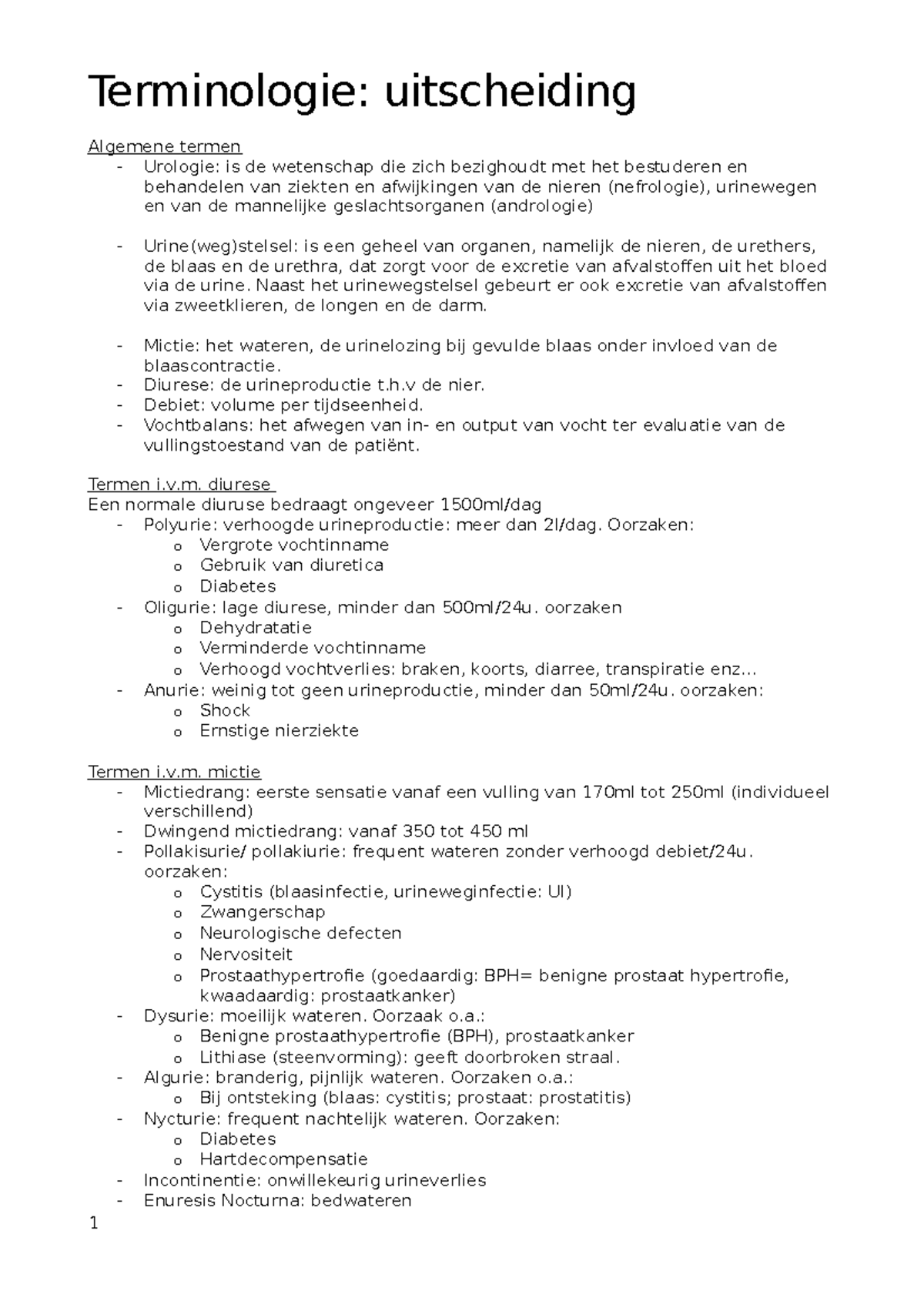 Terminologie - samenvatting - Terminologie: uitscheiding Algemene ...