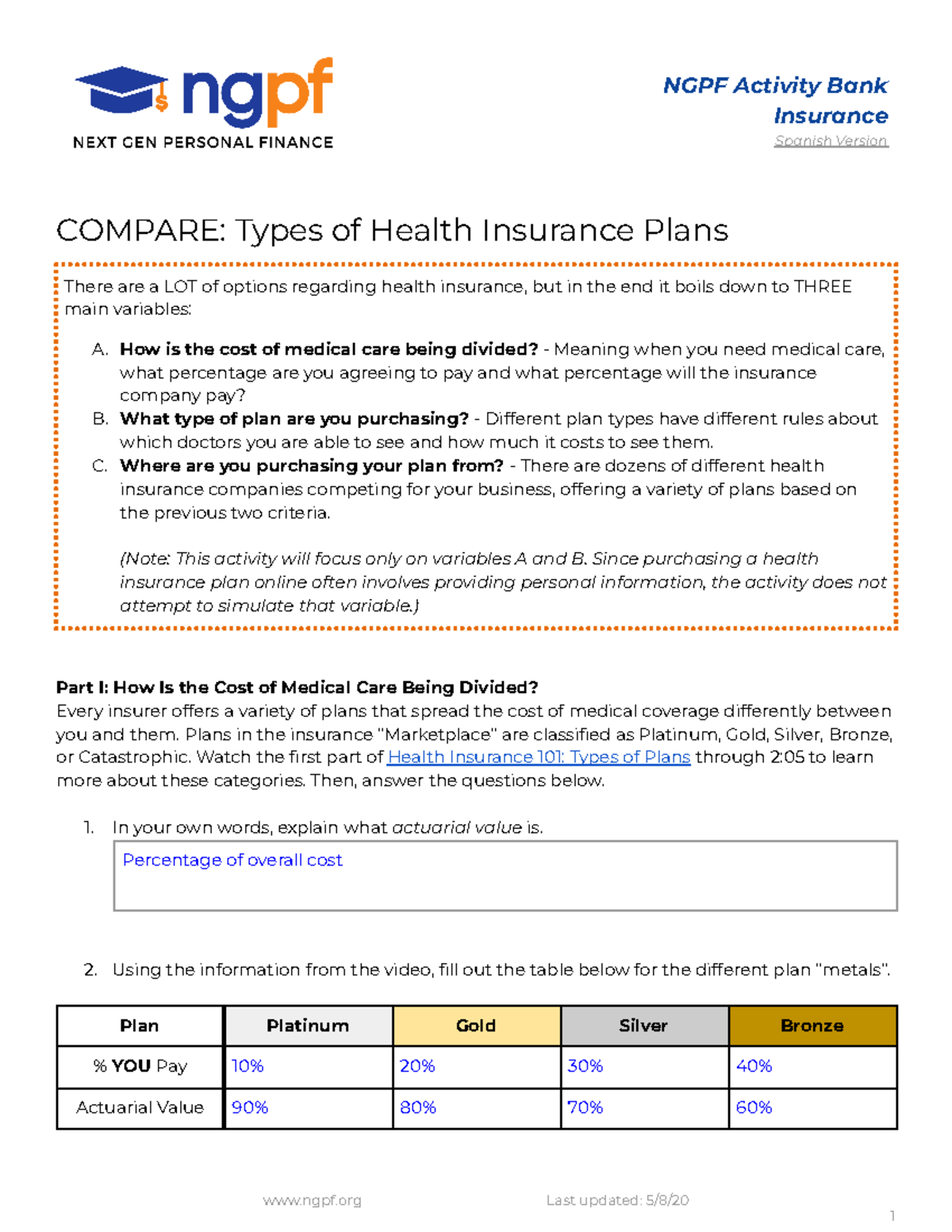Copy of Compare Types of Health Insurance Plans - NGPF Activity Bank ...