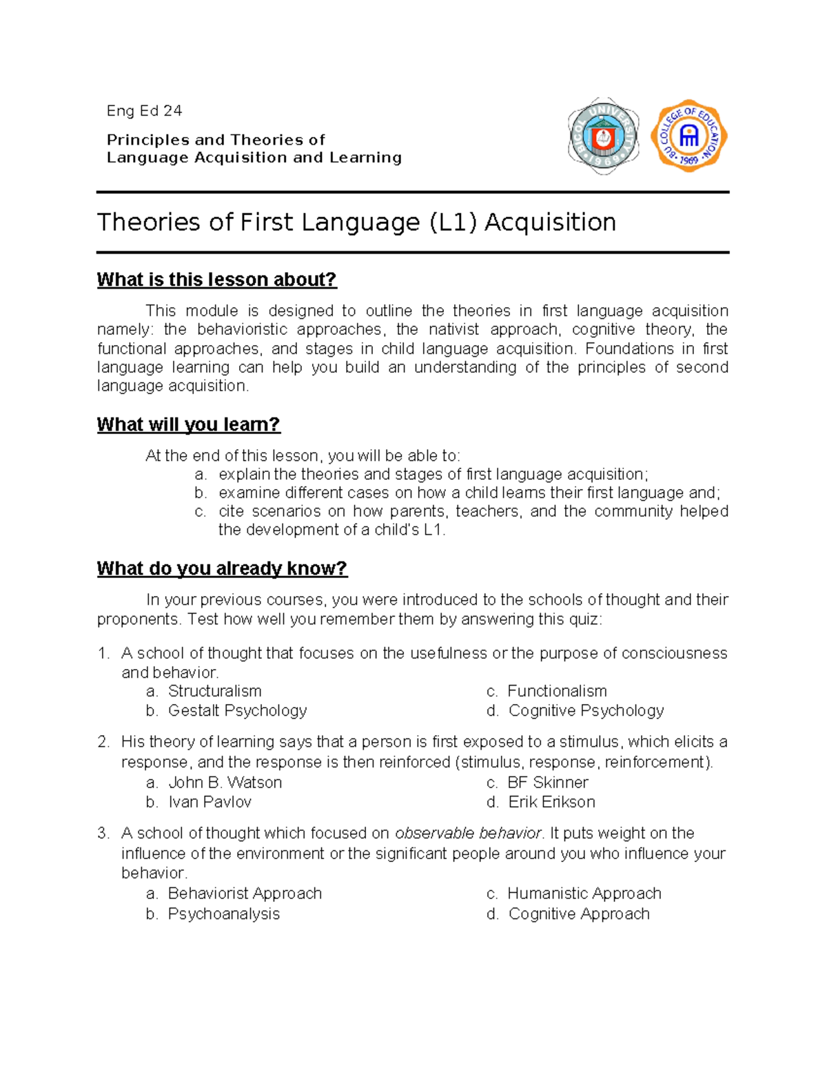 Module on Theories of First Language Acquisition 1 - Theories of First ...