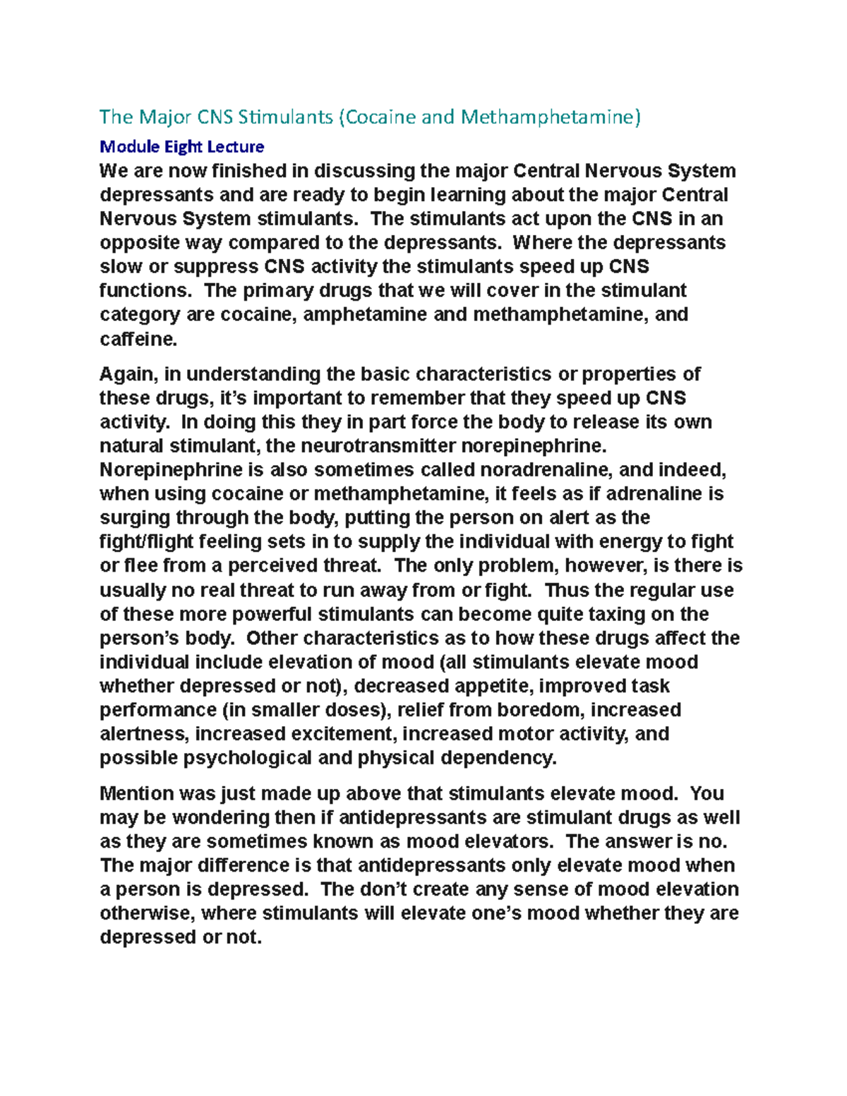 Module 8 lecture - The Major CNS Stimulants (Cocaine and ...