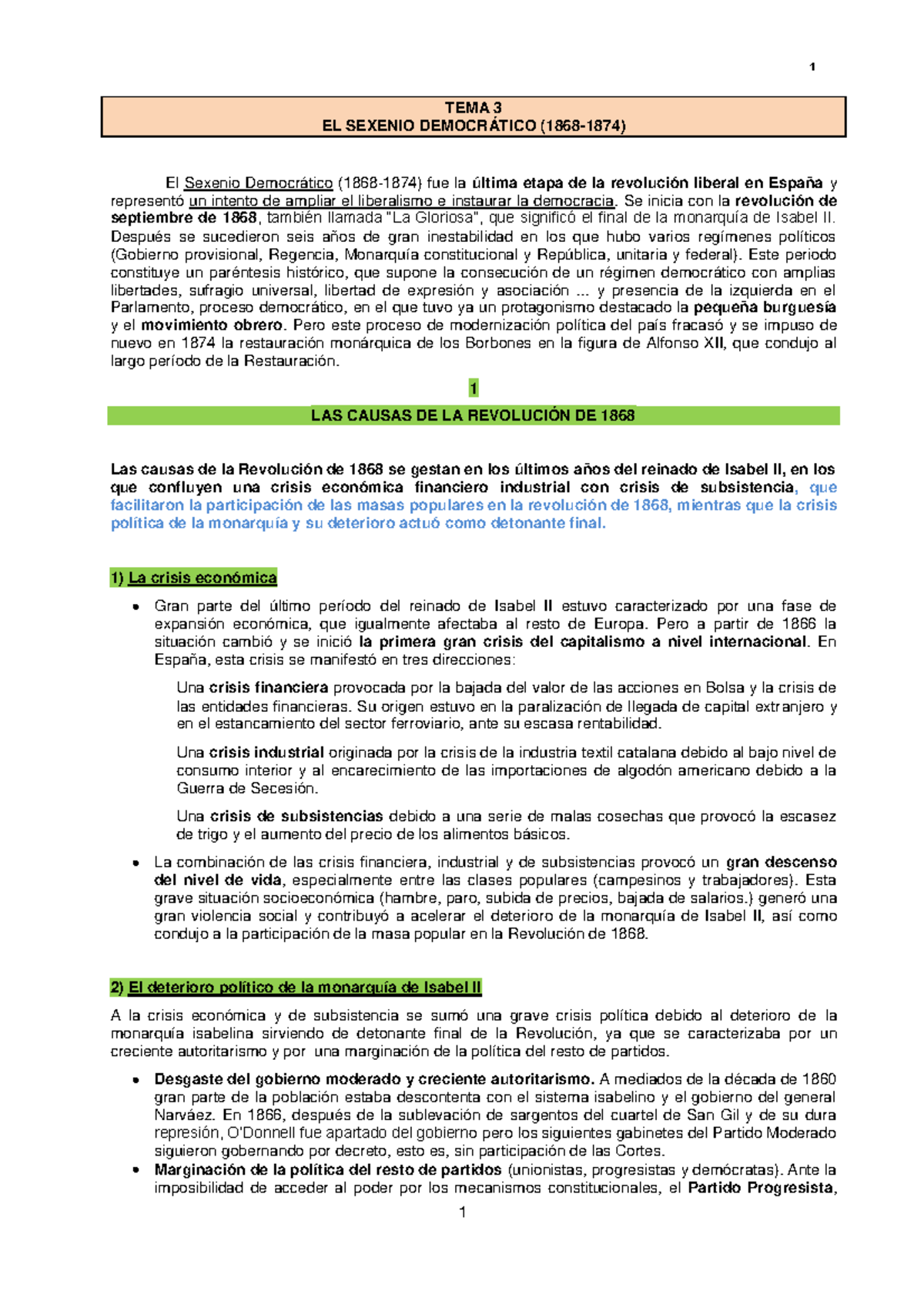 3.- TEMA 3 - EL Sexenio DemocráTICO - TEMA 3 EL SEXENIO DEMOCRÁTICO (1868-1874) El Sexenio - Studocu