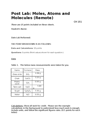 Lab 7 - Post Lab: Moles, Atoms and Molecules (Remote) CH 151 There are ...