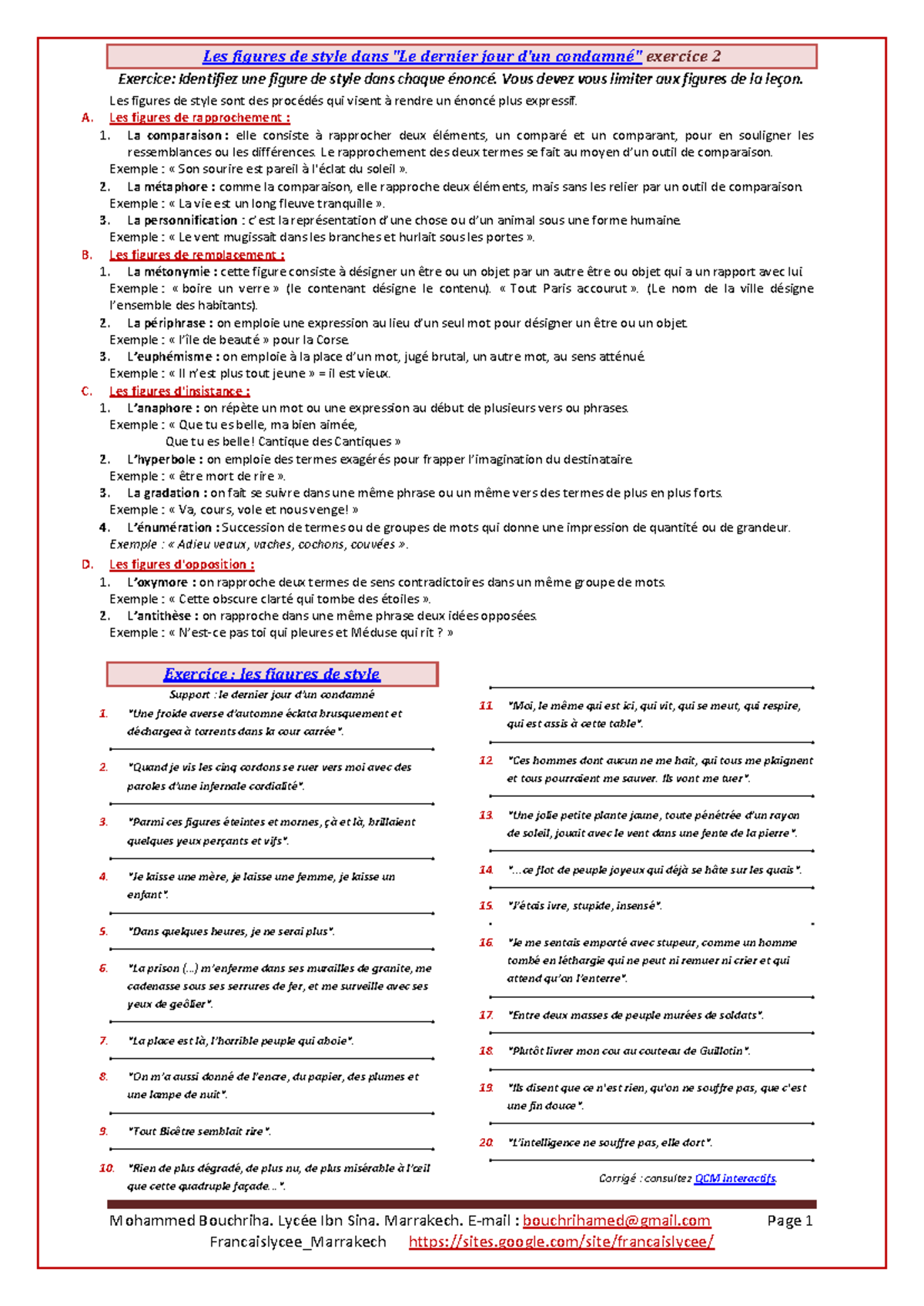 Les figures de style dans Le dernier jour dun condamné exercice 2 - Mohammed Bouchriha. Lycée ...