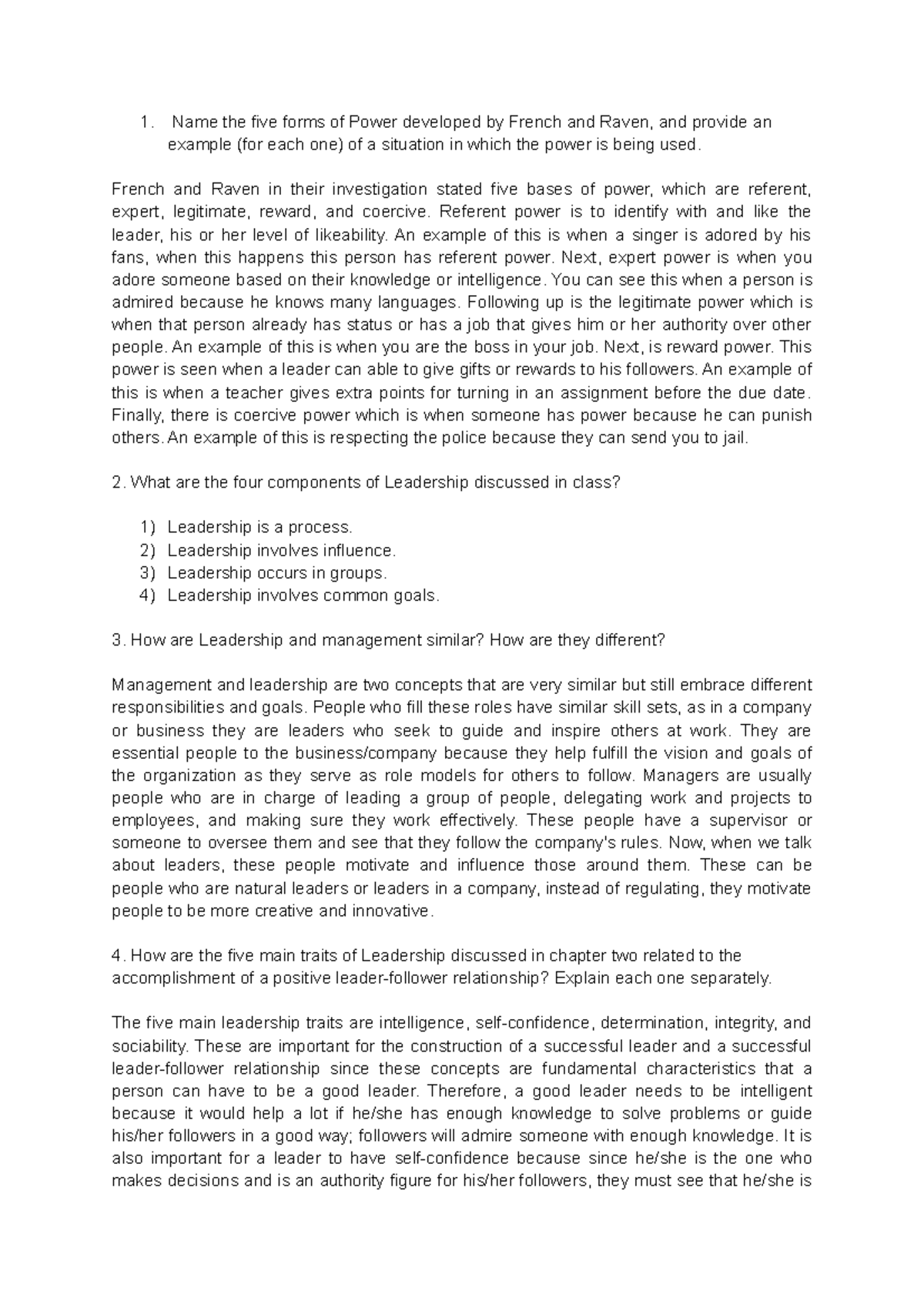 QUIZ Leadership - Review de liderazgo - Name the five forms of Power ...