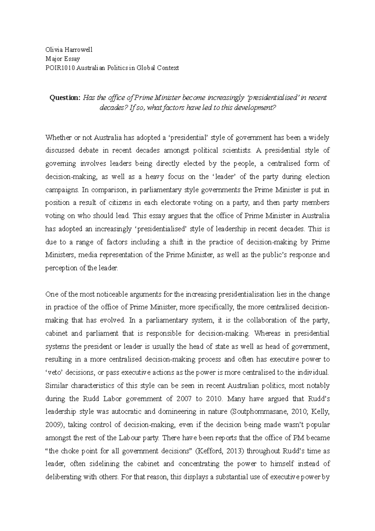 Major Essay - Olivia Harrowell Major Essay POIR1010 Australian Politics ...