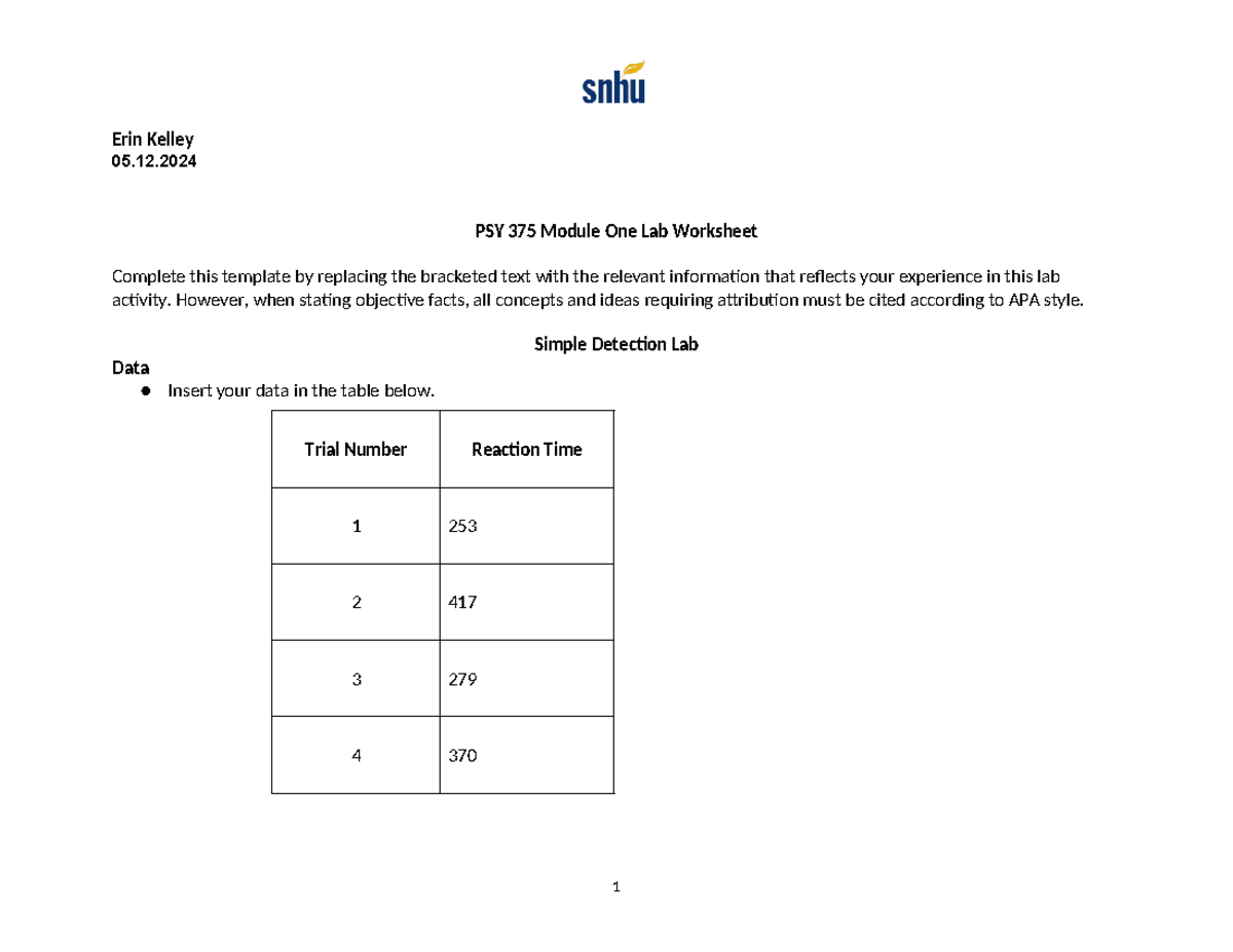 PSY 375 Module One Lab Worksheet Template - Erin Kelley 05. PSY 375 ...