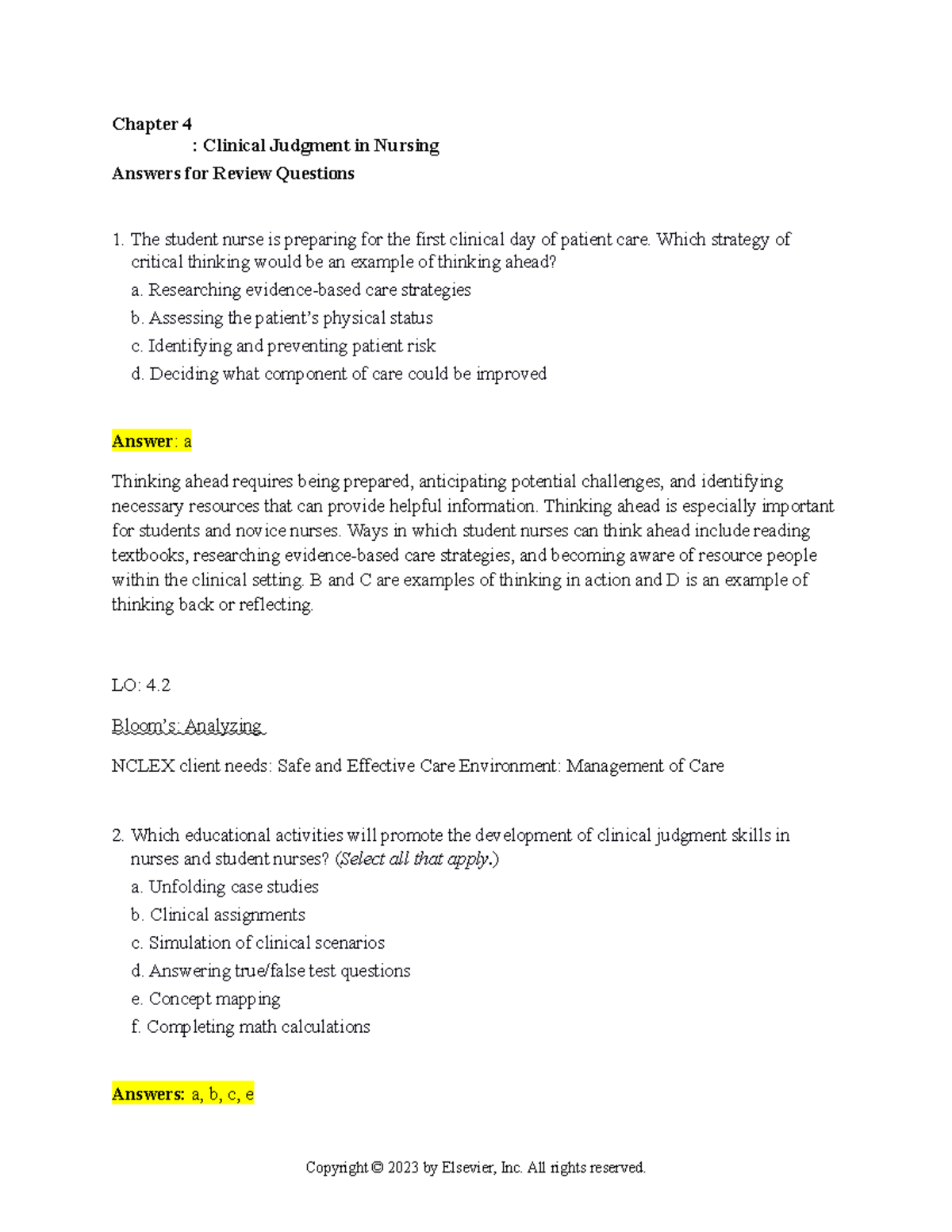 Chapter 004 question and answer key - Chapter 4 : Clinical Judgment in ...