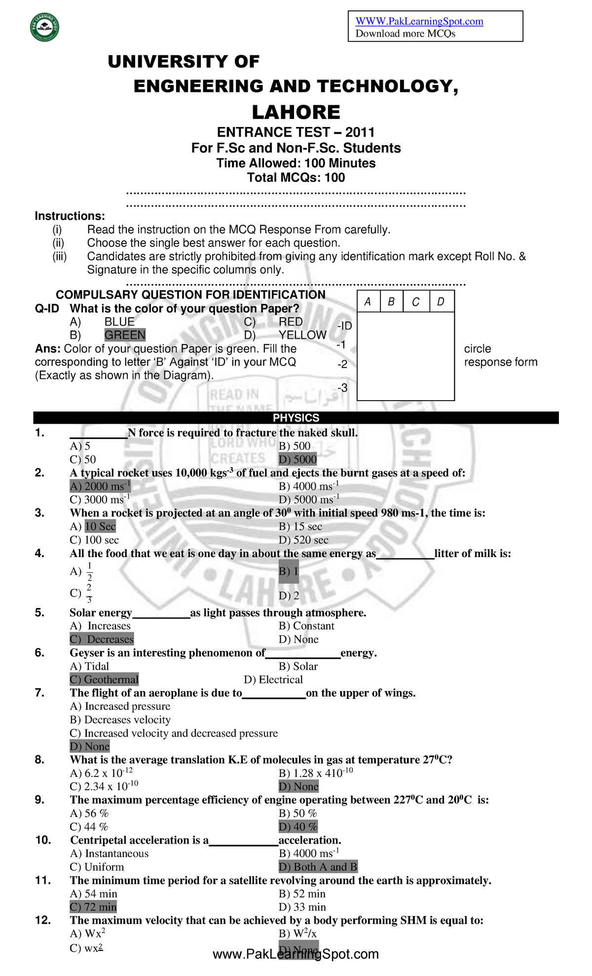 Ecat 2011 Past Papers Pak Learning Spot - Download more MCQs 2 ...