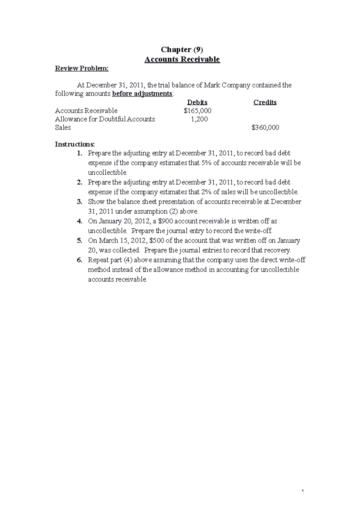 Chapter 9 Review Problem - Chapter (9) Accounts Receivable Review Problem: At December 31, 2011 ...
