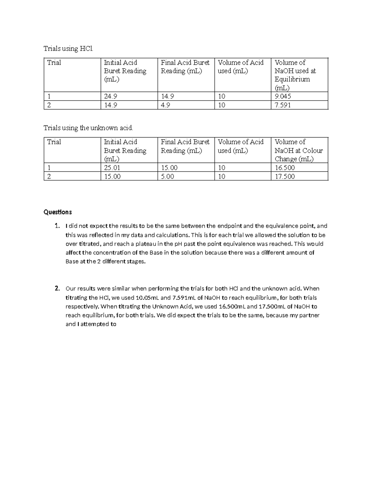 Lab 4 - Tables - Example responses from Lab 4 - Trials using HCl. Trial ...