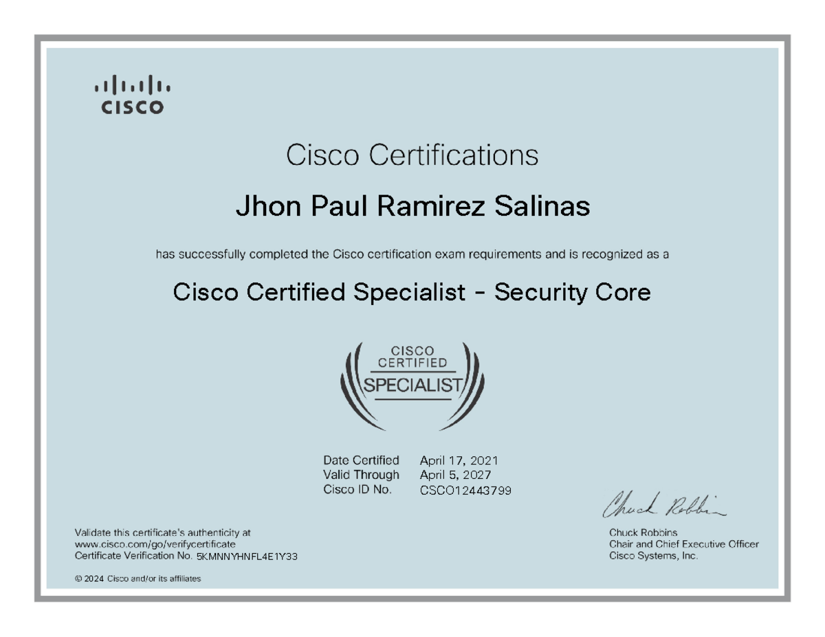Cisco Certified Specialist - Security Core certificate - Redes y Comunicaciones de Datos I - Studocu