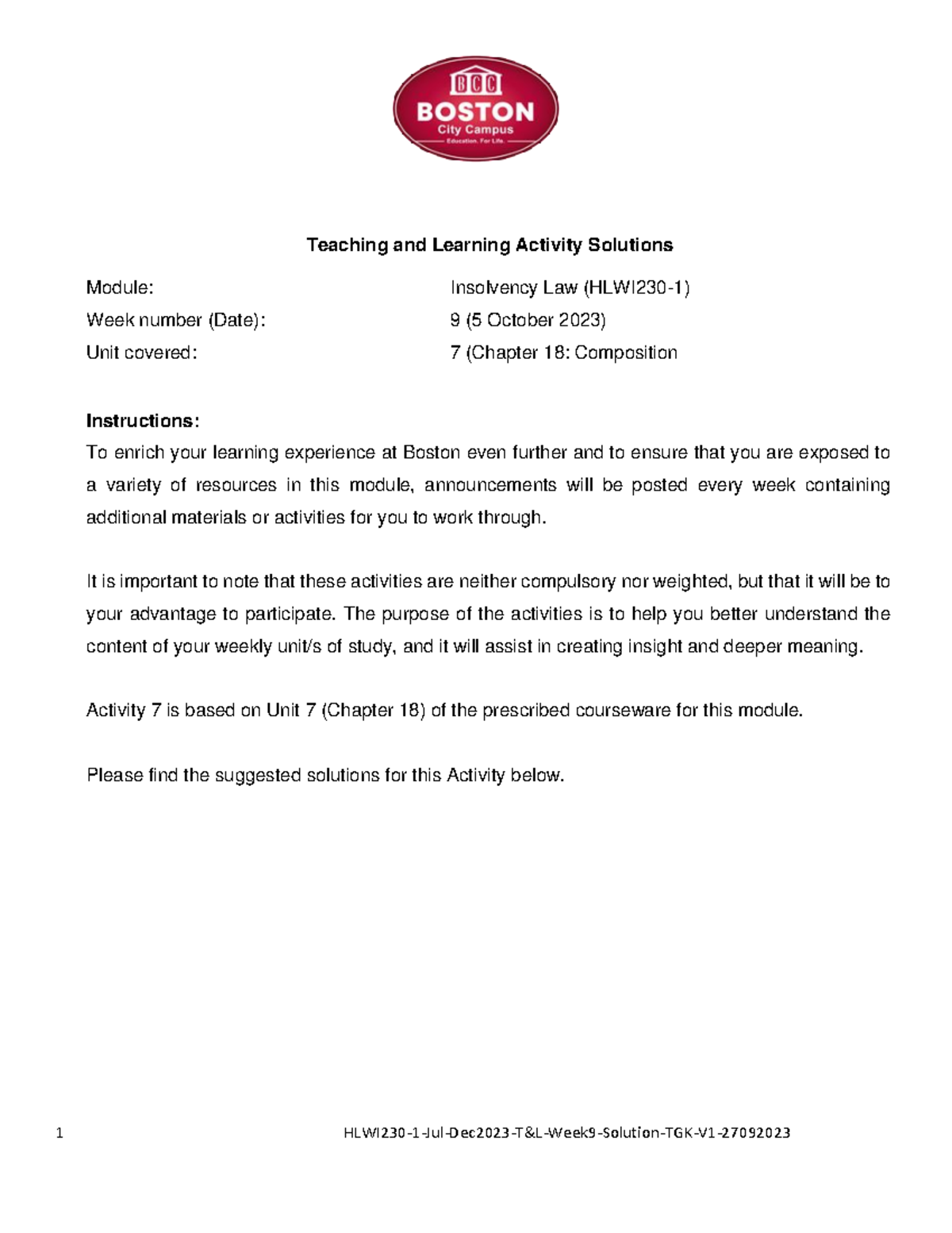 HLWI230 1 Jul Dec2023 TL Week9 Solution TGK V1 27092023 - 1 HLWI230- 1 ...