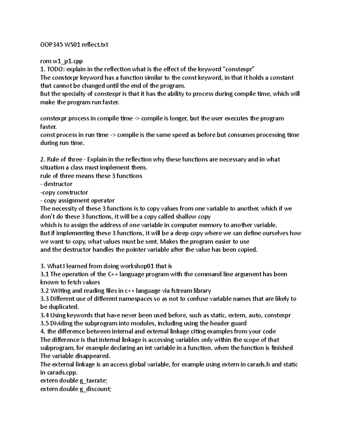 WS01 oop345 reflect - OOP345 WS01 reflect rom w1_p1 TODO: explain in the reflection what is the ...