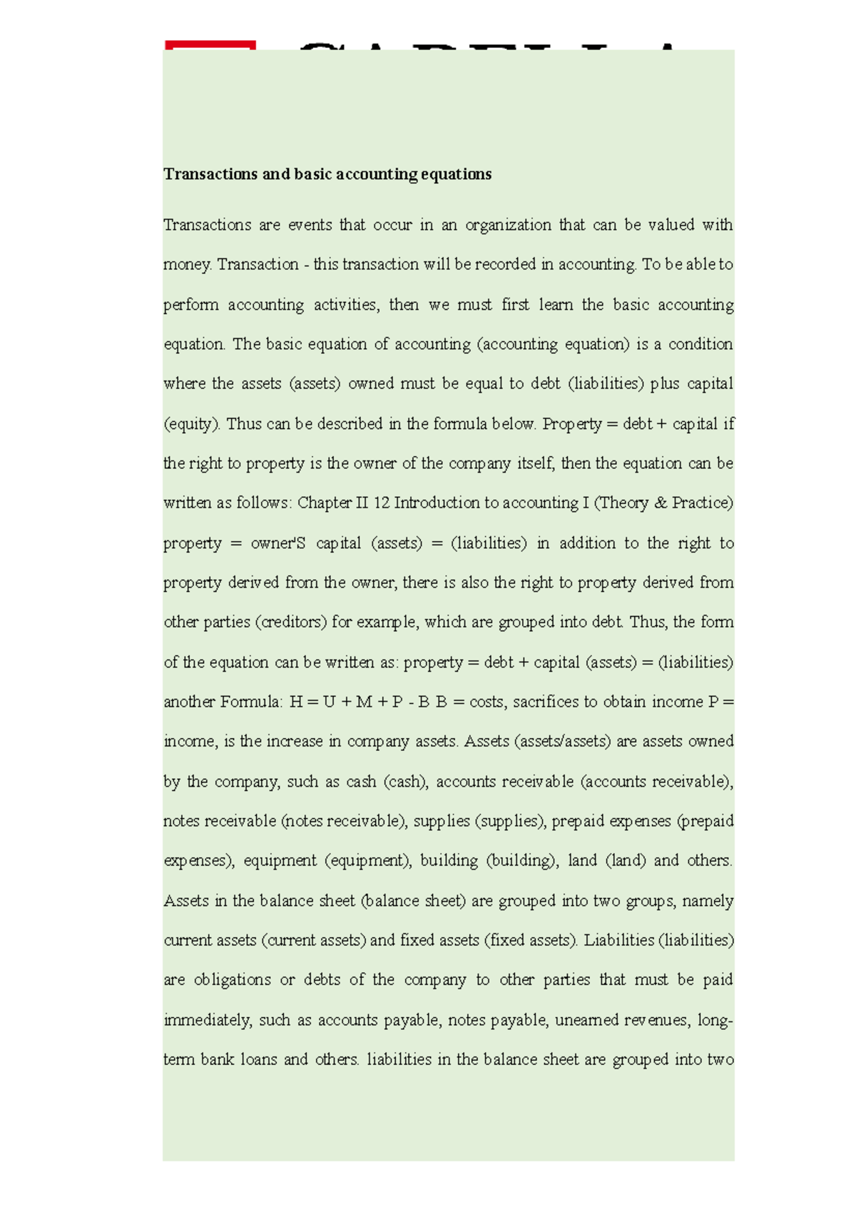 Notes Study Accounting - Transactions and basic accounting equations ...