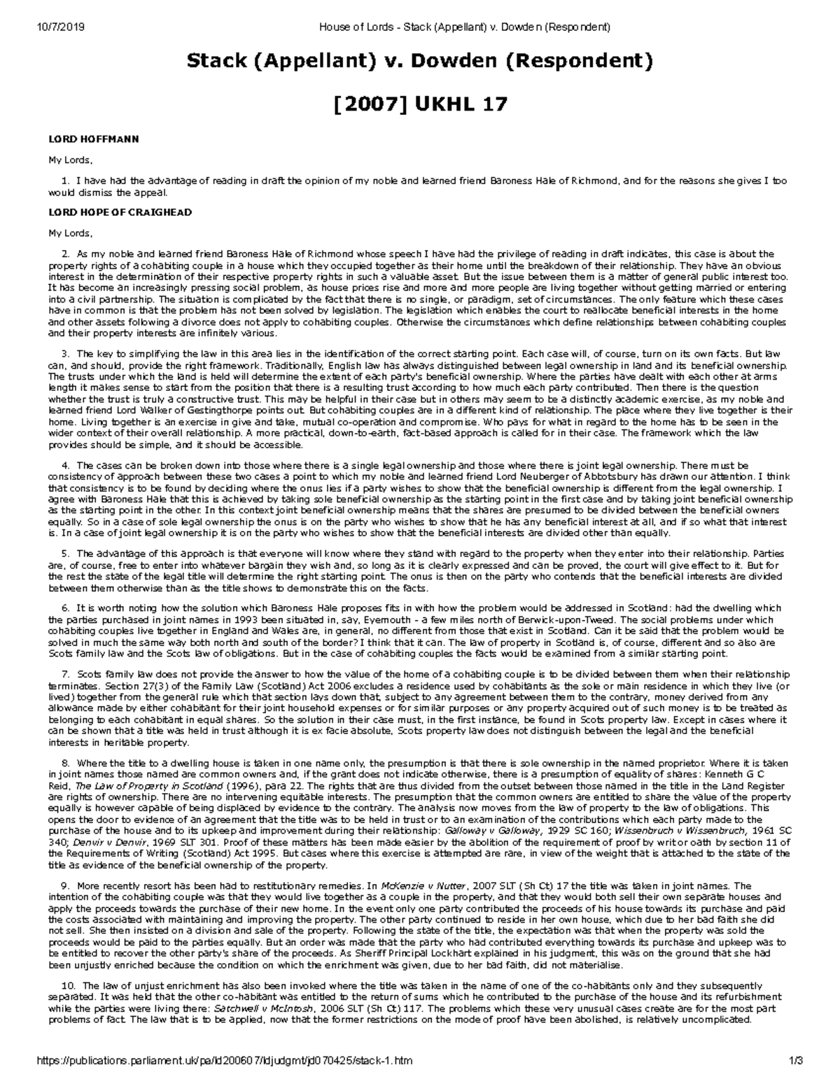 House of Lords - Stack (Appellant) v. Dowden (Respondent) - 10/7/2019 ...