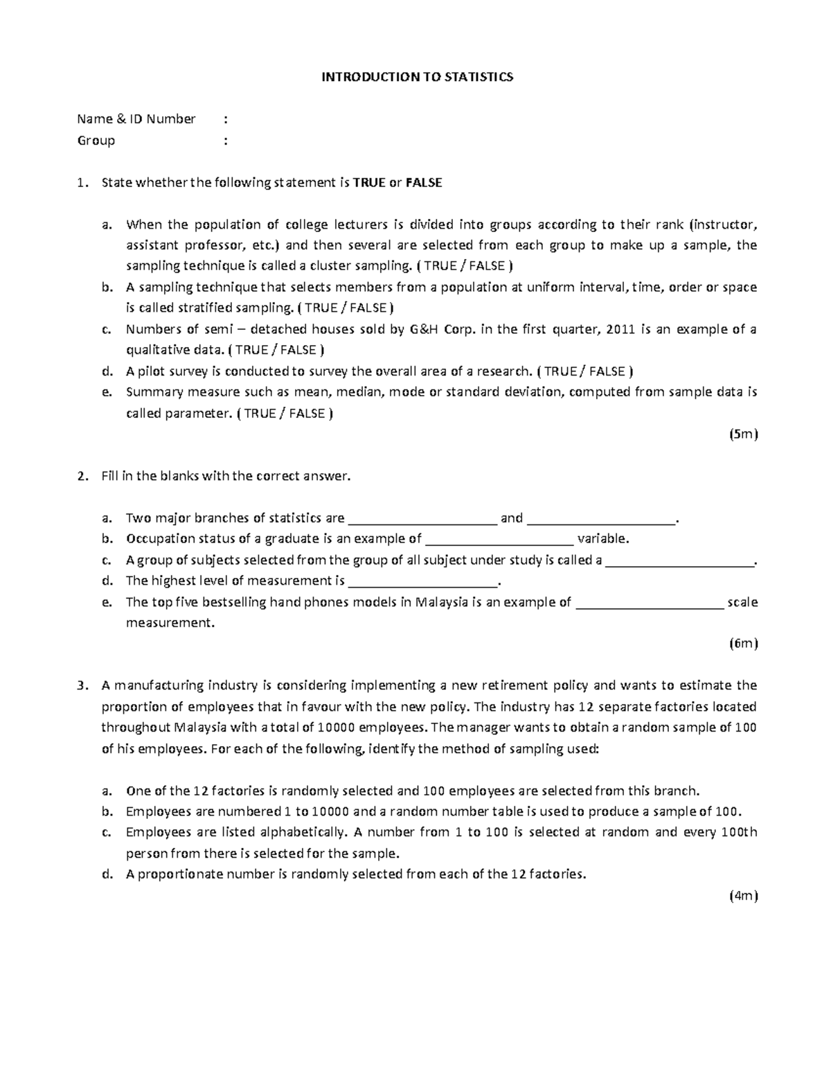 Sta Tutorial Introduction To Statistics 2 Introduction To Statistics Name And Id Number Group
