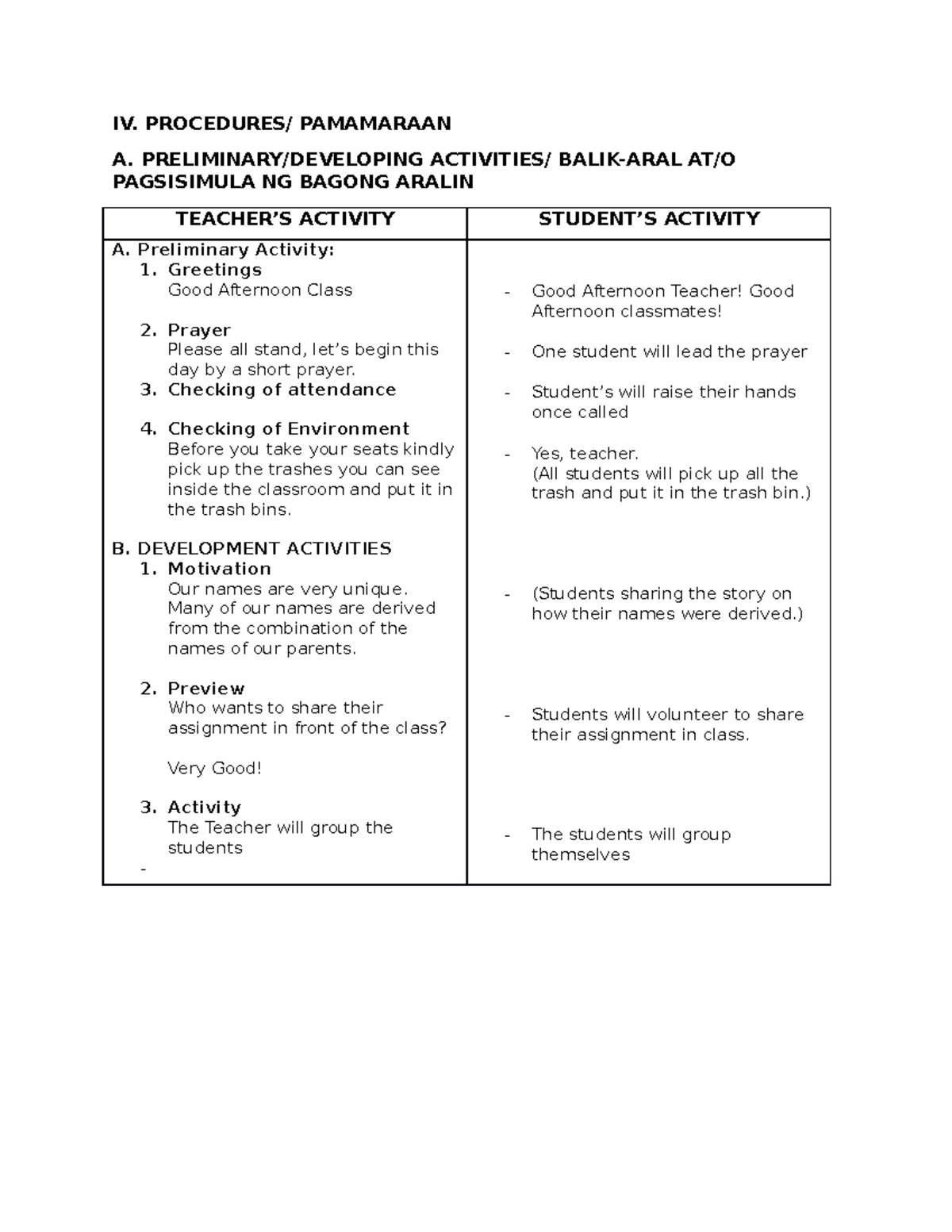 Iv Lecture Notes 1 2 Iv Procedures Pamamaraan A Preliminarydeveloping Activities Balik