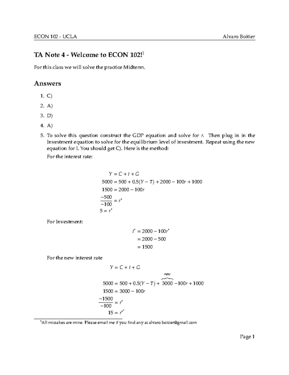 Midterm Review - Solution - ECON 102 - UCLA Alvaro Boitier TA Note 4 ...