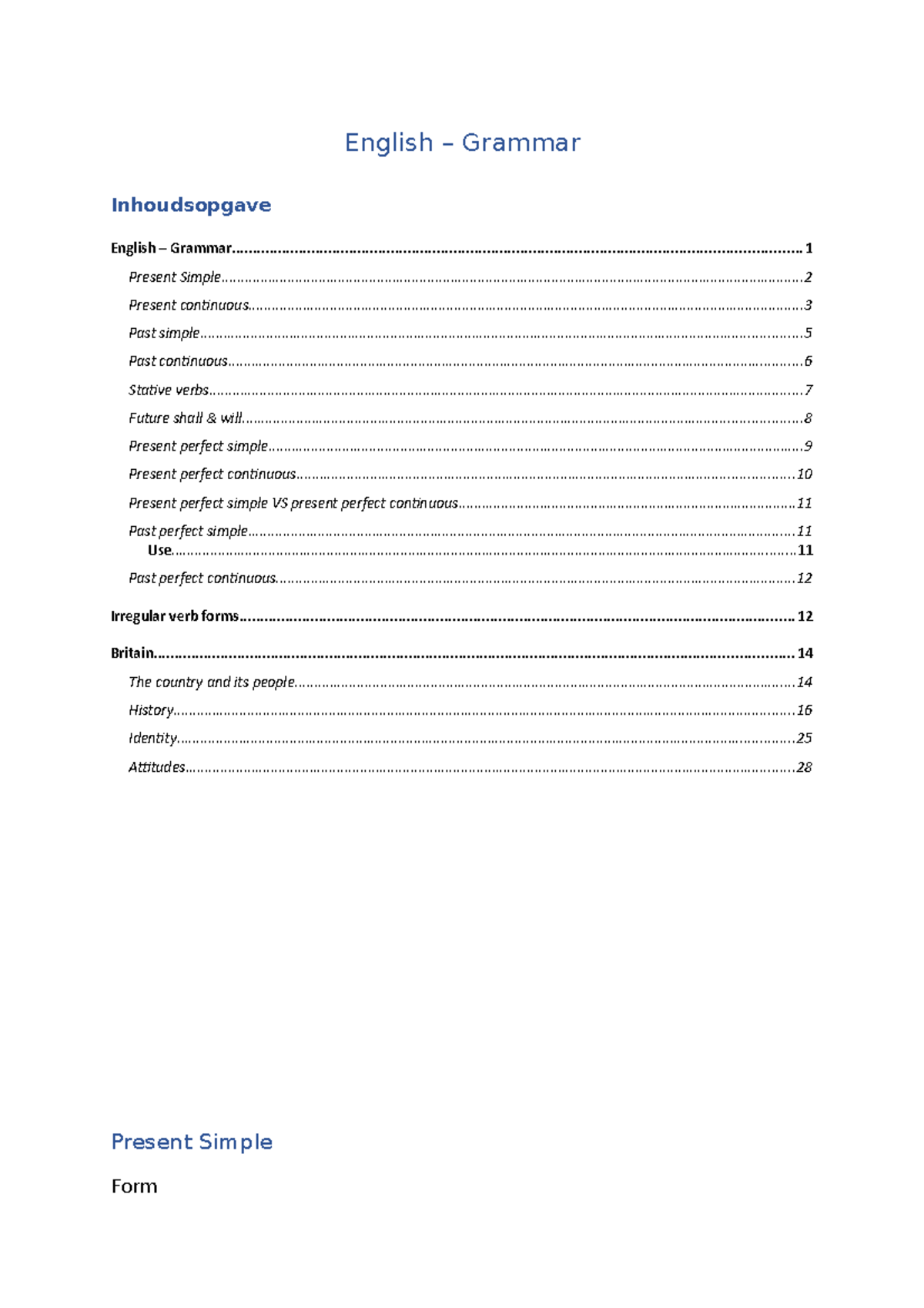 Samenvatting - English, examen 1 - English Grammar Inhoudsopgave ...