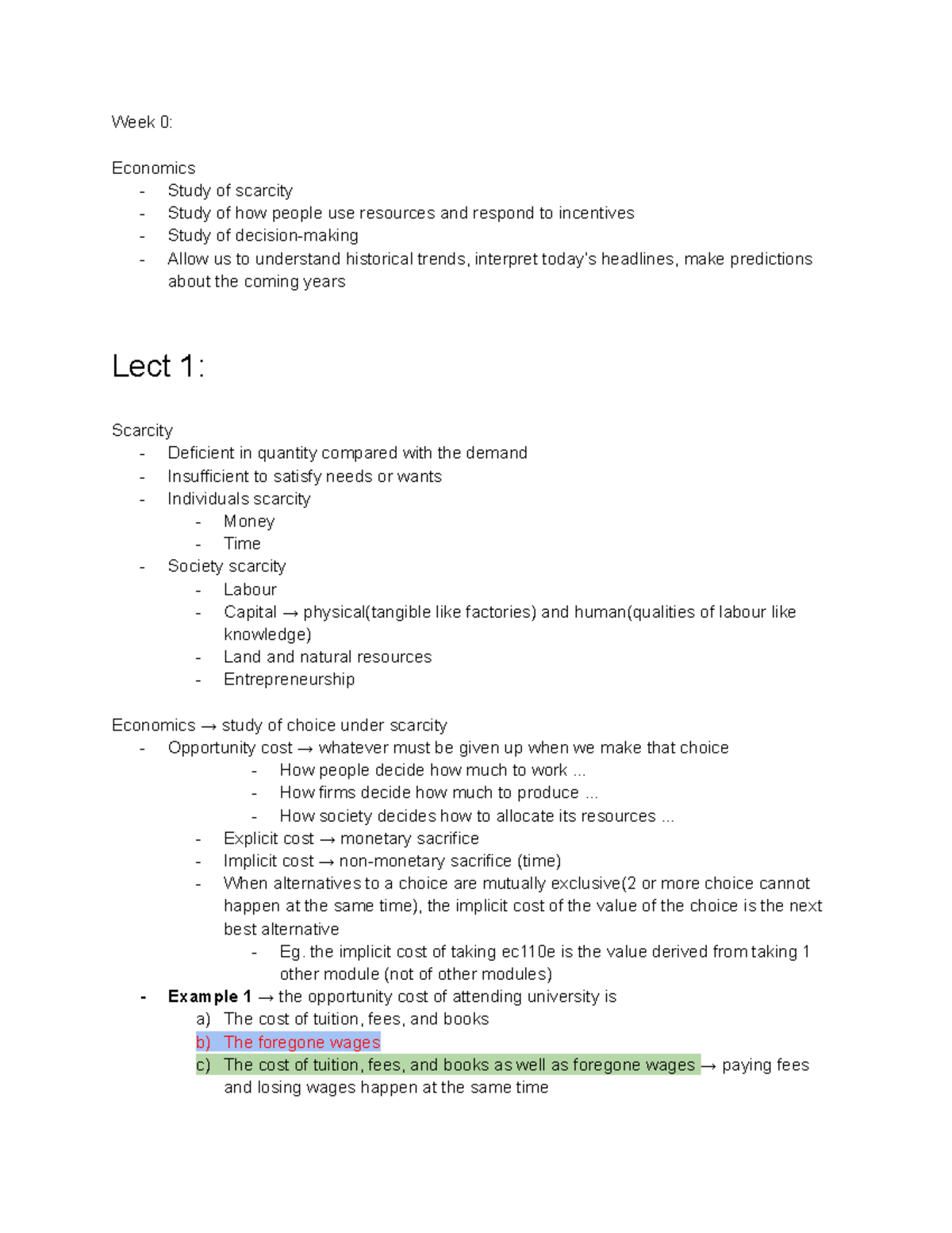 EC1101E - Summary Introduction to Economic Analysis - Week 0: Economics - Study of scarcity ...