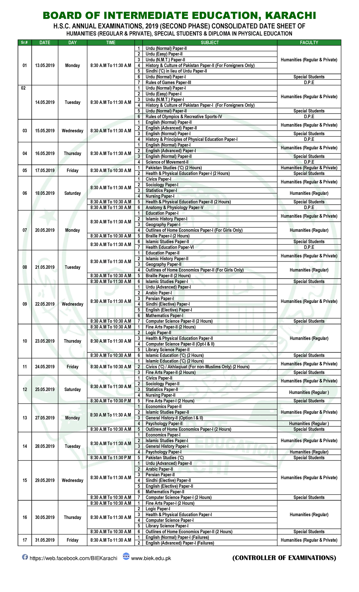 DATE Sheet HSC Annual Examination 2019 ( Second Phase) - BOARD OF ...