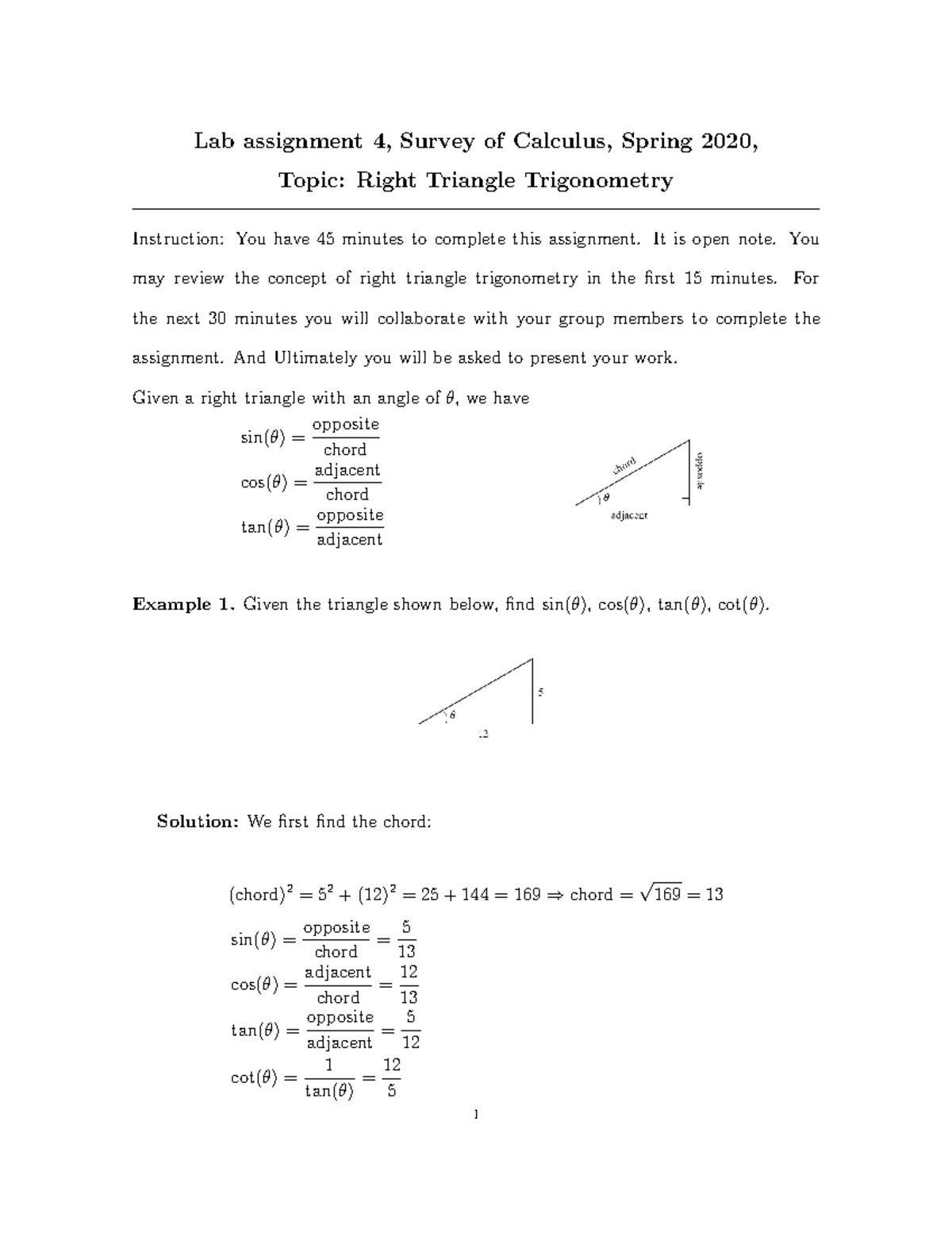 Lab4 - Right Triangle Trigonometry - Lab assignment 4, Survey of Calculus, Spring 2020, Topic ...