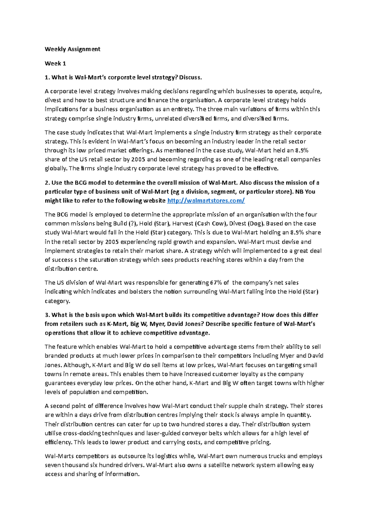 Weekly Assignment - Week 1 - Weekly Assignment Week 1 What is Wal-Mart’s corporate level ...