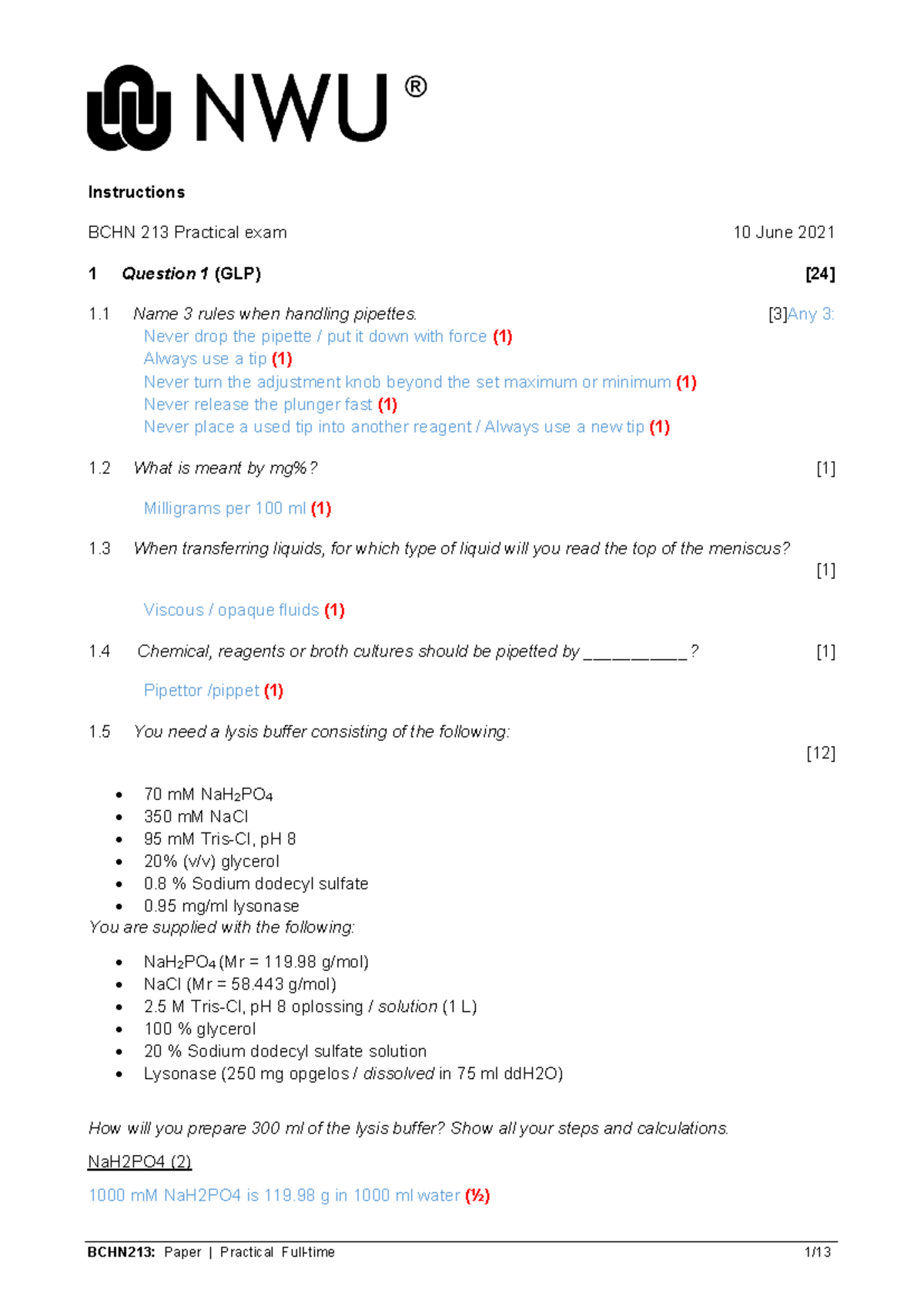 Practical exam memo 2021 - Instructions BCHN 213 Practical exam 10 June ...