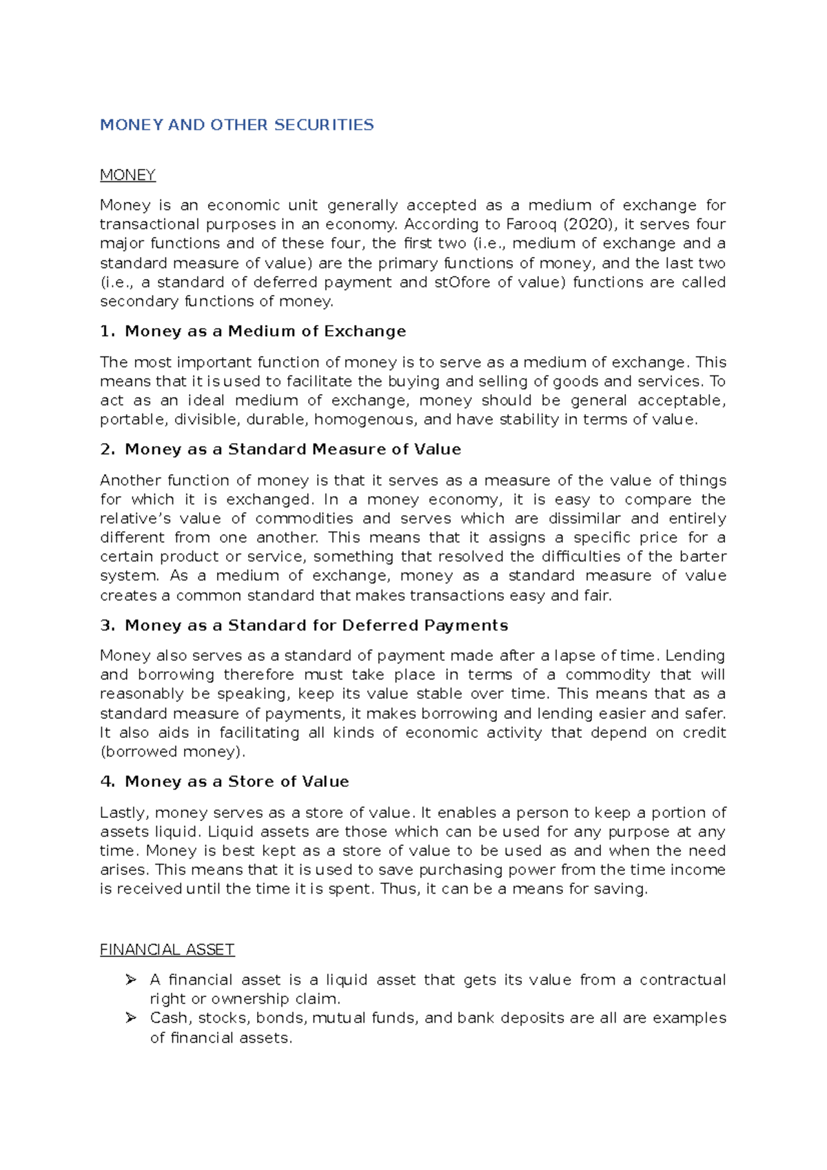 Notes on the Financial Markets (Money and Other Securities) - MONEY AND ...