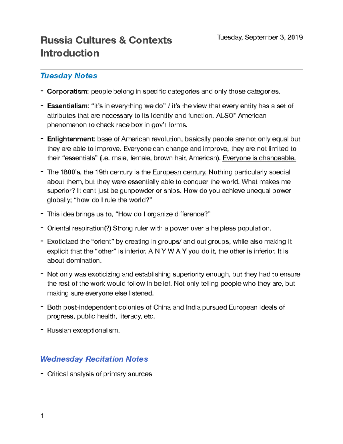 Week 1 (9:3:2019 ) - Notes for Prof. Yanni - Russia Cultures & Contexts ...