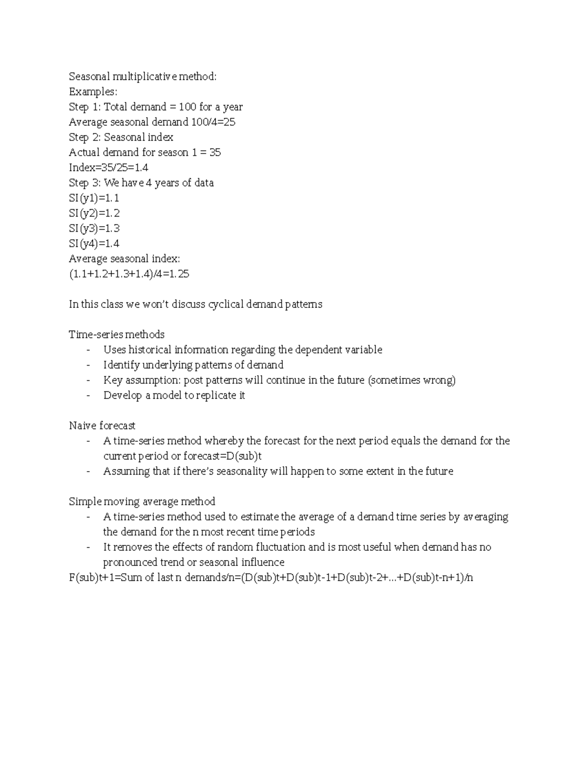 (SCM 2160) Lecture 4 - Seasonal multiplicative method: Examples: Step 1 ...