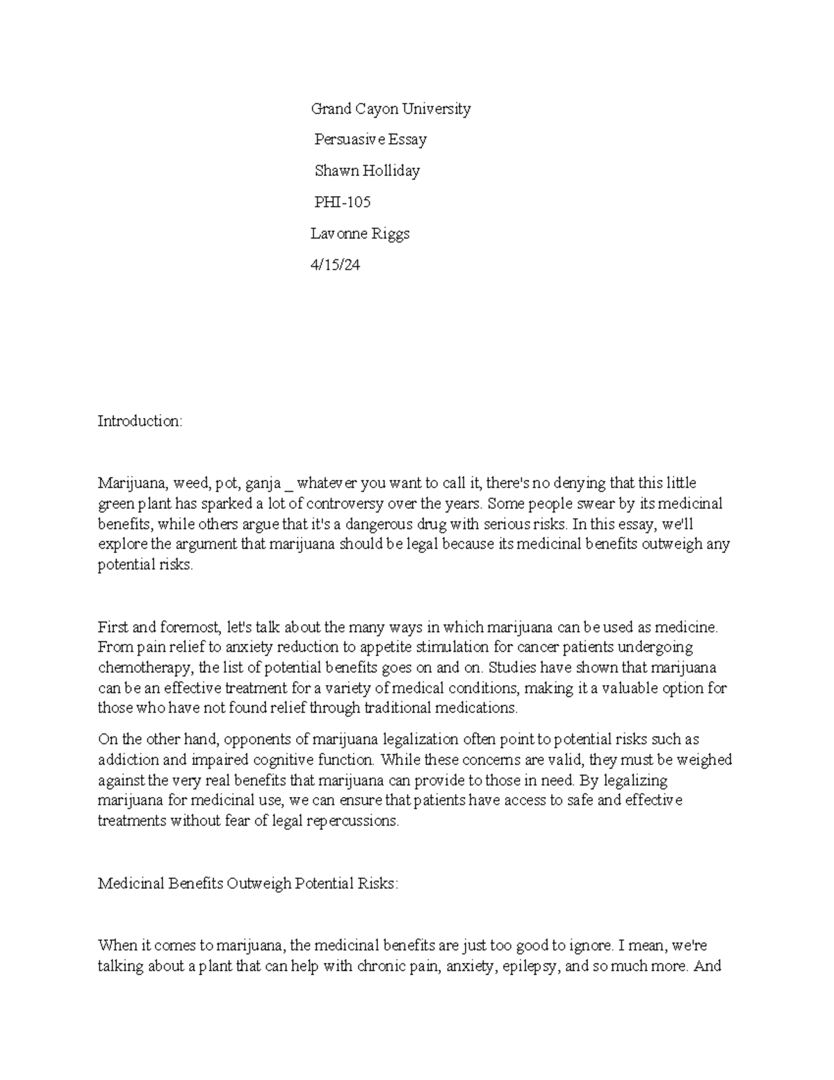 PHI105 First Draft Essay - Grand Cayon University Persuasive Essay ...