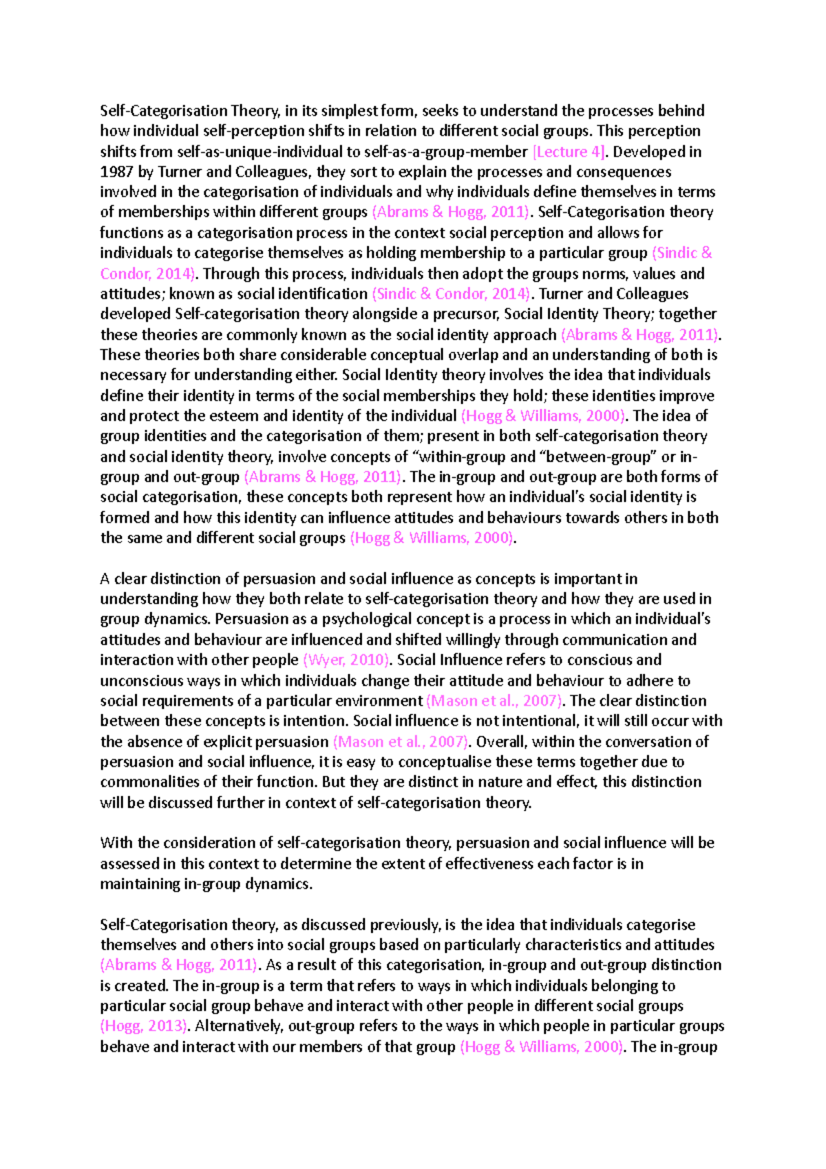 PSYC3002 Draft 1 - Self-Categorisation Theory, in its simplest form ...