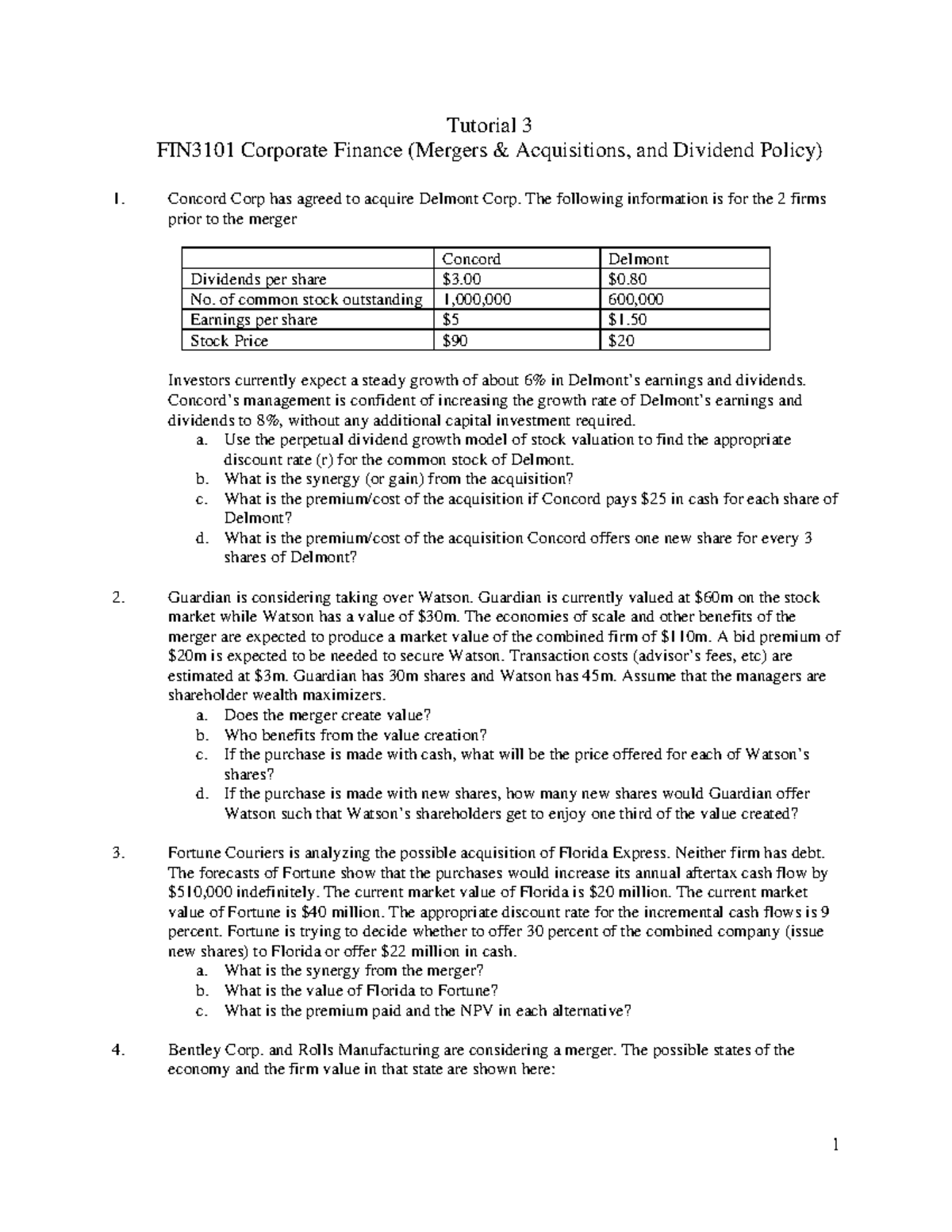 Tutorial 3 - Tutorial 3 FIN3101 Corporate Finance (Mergers ...
