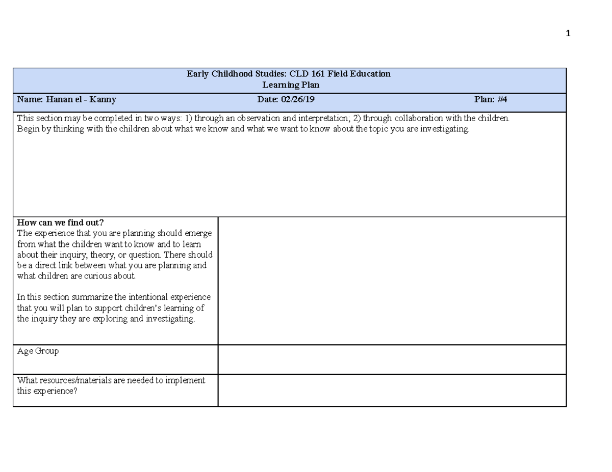 Cld 161 learning plan - activty - Early Childhood Studies: CLD 161 ...