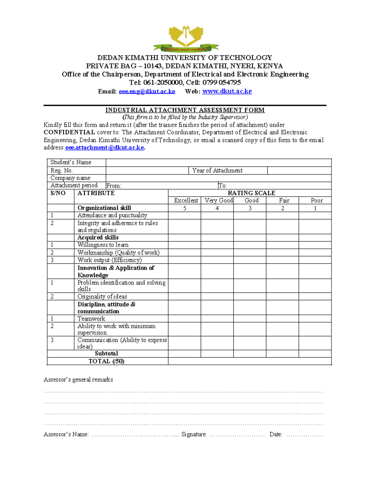 EEE Industry Supervisor Assessment Form - DEDAN KIMATHI UNIVERSITY OF ...