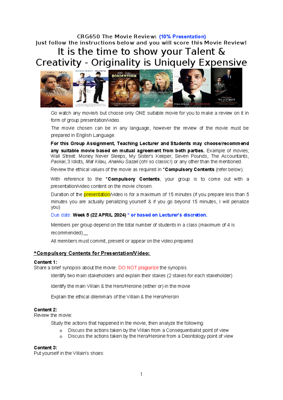 Movie Review Group Project April 2024 - CRG650 The Movie Review: (10% ...