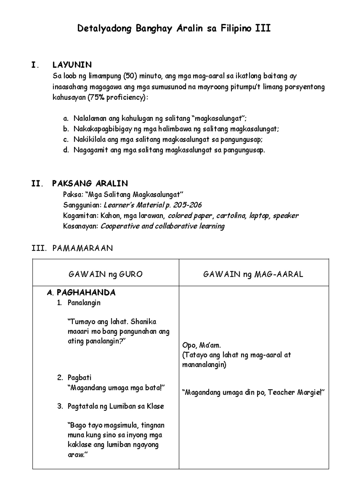 Detalyadong Banghay Aralin sa Filipino III - LAYUNIN Sa loob ng ...
