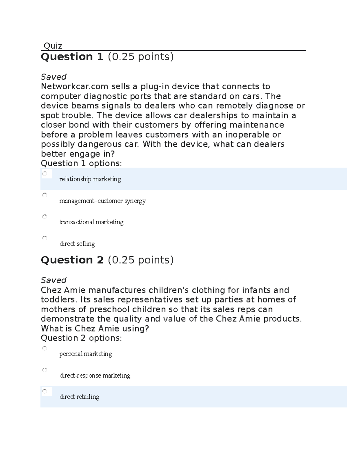 Quiz Questions on Marketing and Business - Studocu