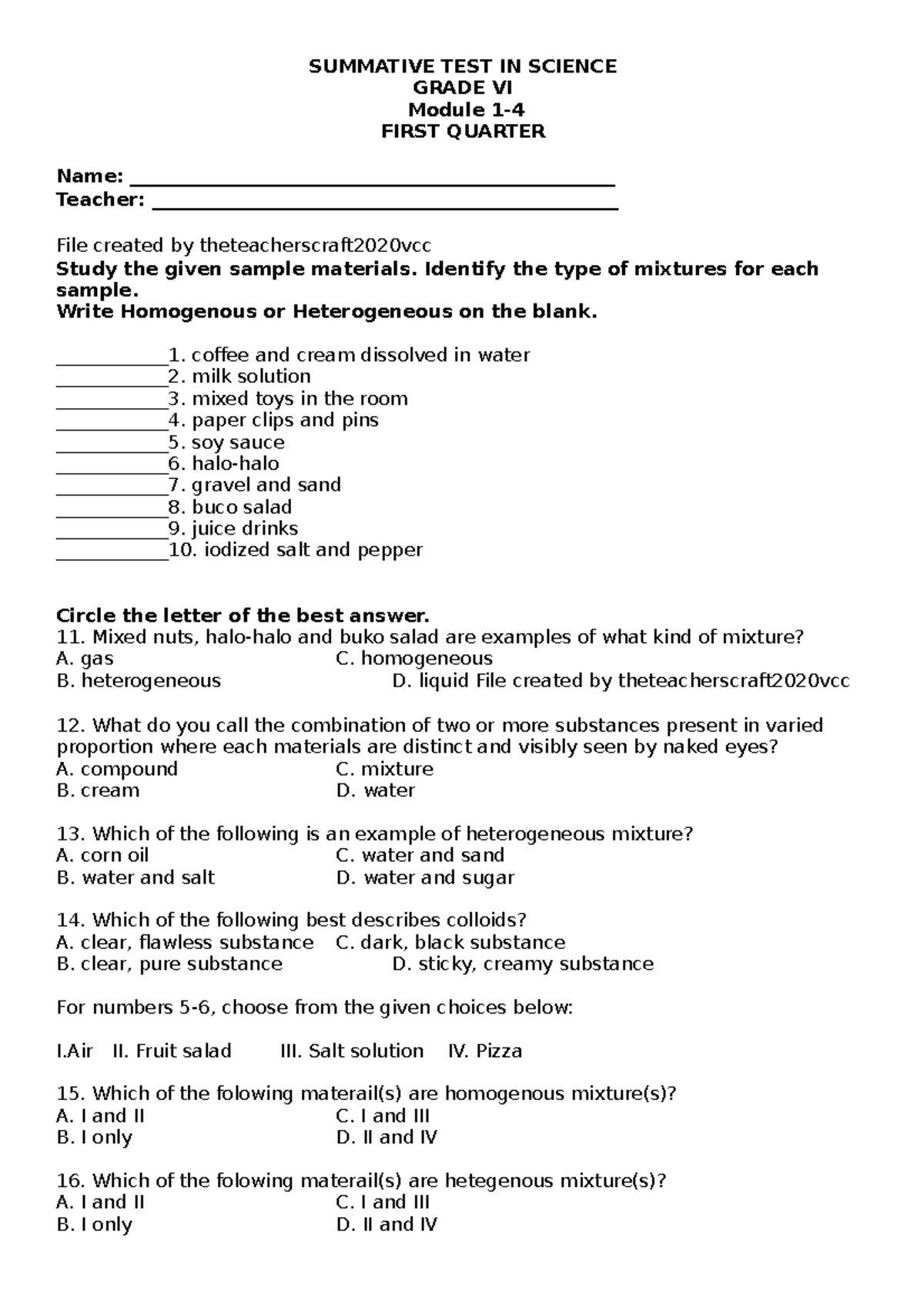 Summative TEST IN Science SUMMATIVE TEST IN SCIENCE GRADE VI Module