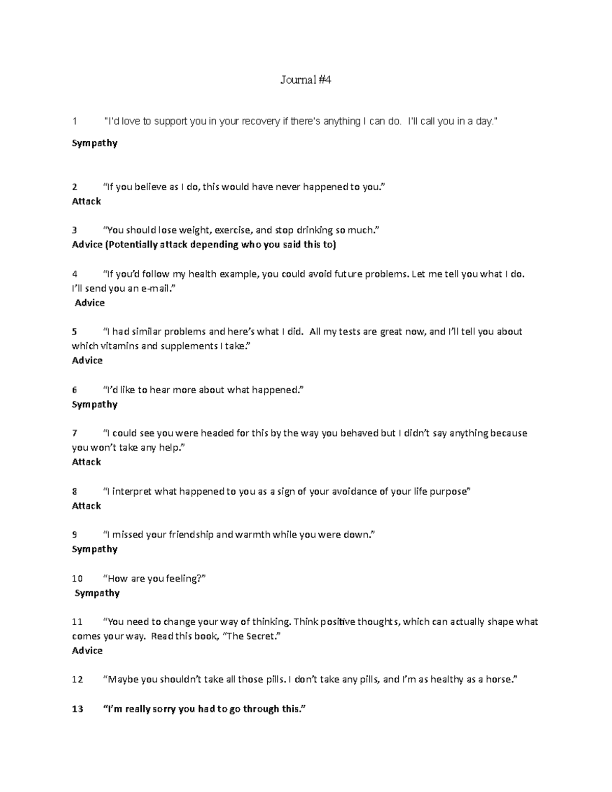 Journal #4 Interpersonal Communication - Journal 1 “I’d love to support ...