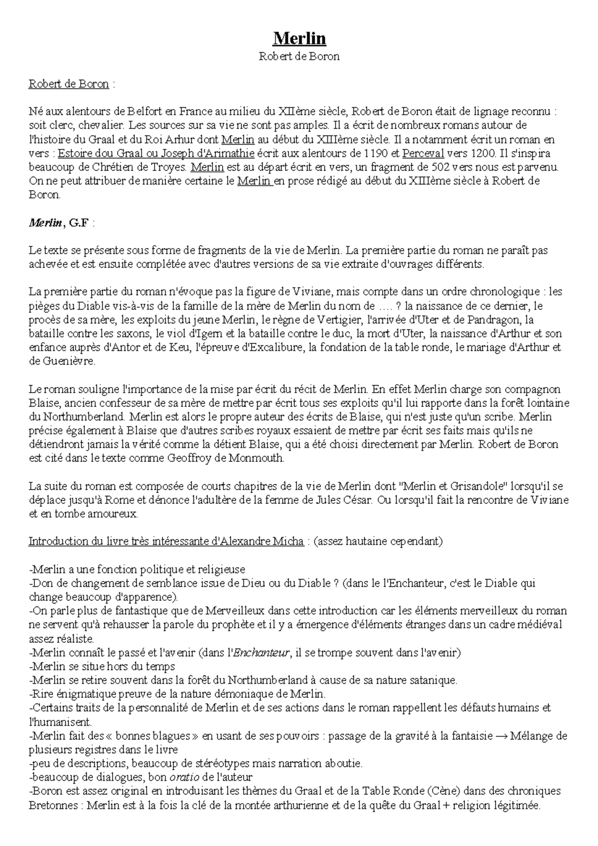 Merlin, Robert de Boron - Prise de notes - Merlin Robert de Boron ...
