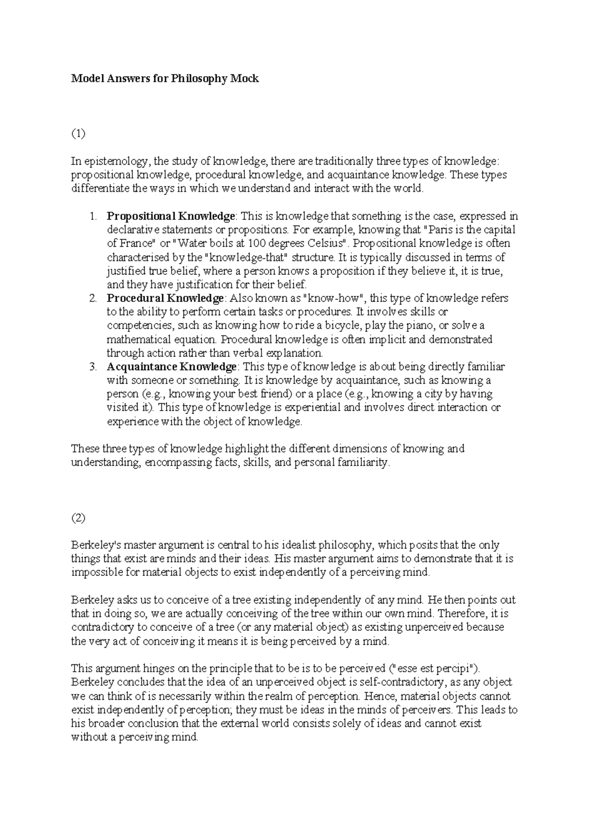Model Answers for Philosophy Mock - These types differentiate the ways ...