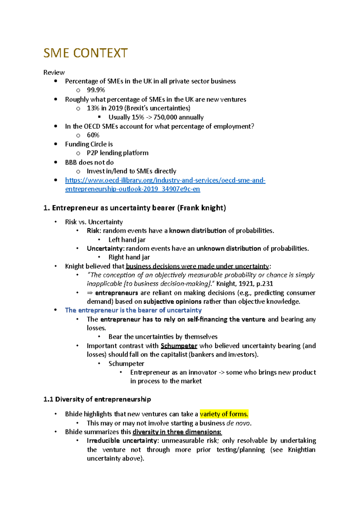 Finance notes of week 2 - SME CONTEXT Review Percentage of SMEs in the ...