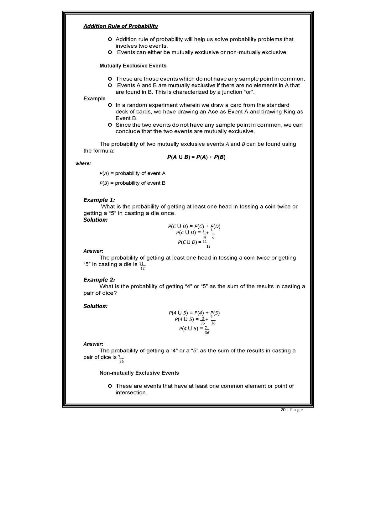 Lesson 3 - Addition-and-Multiplication-Rule-of-Probability - 20 | P a g e Addition Rule of - Studocu