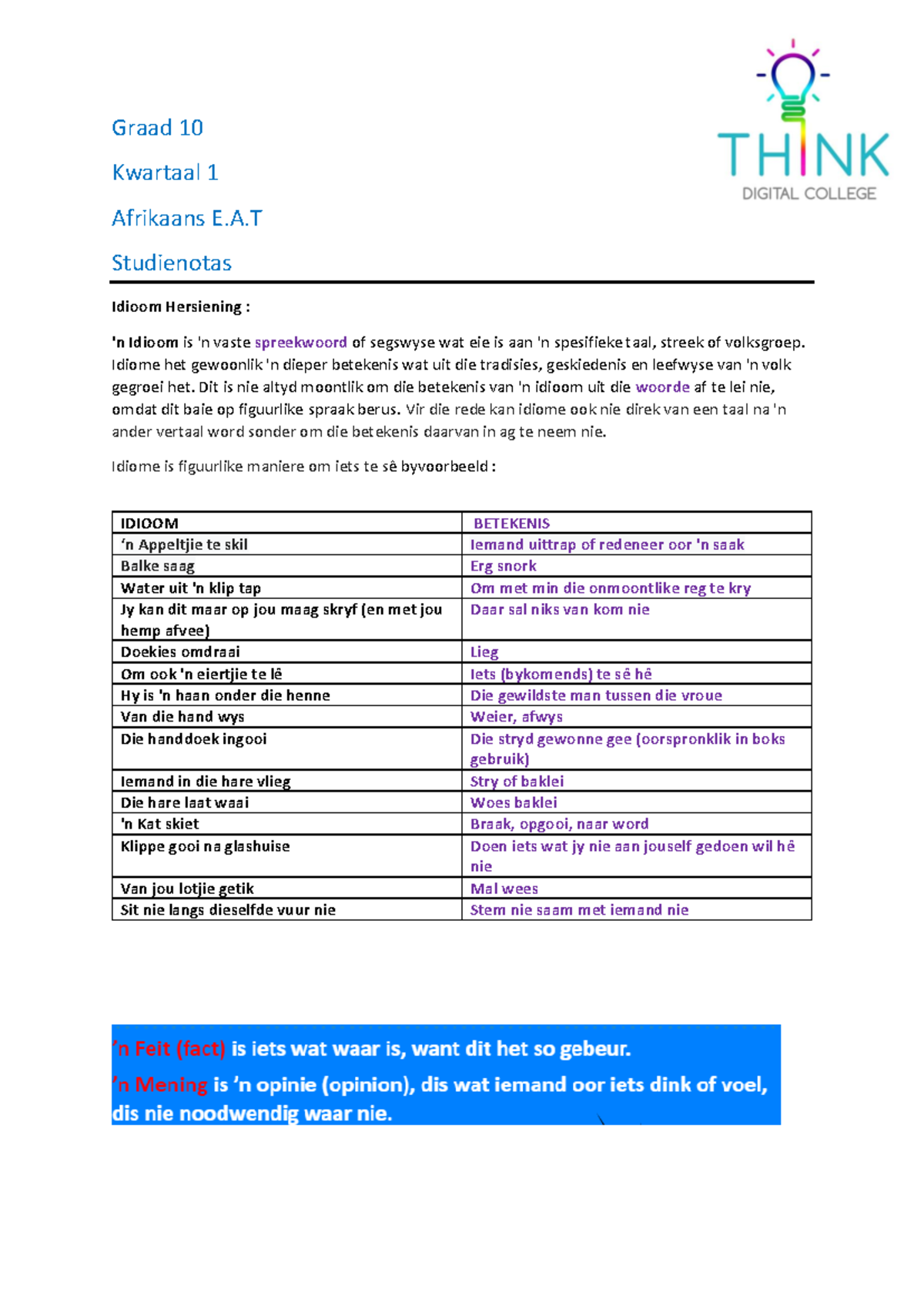 (T1) Afr sn - Short notes on grade 10 afrikaans language - Graad 10 ...