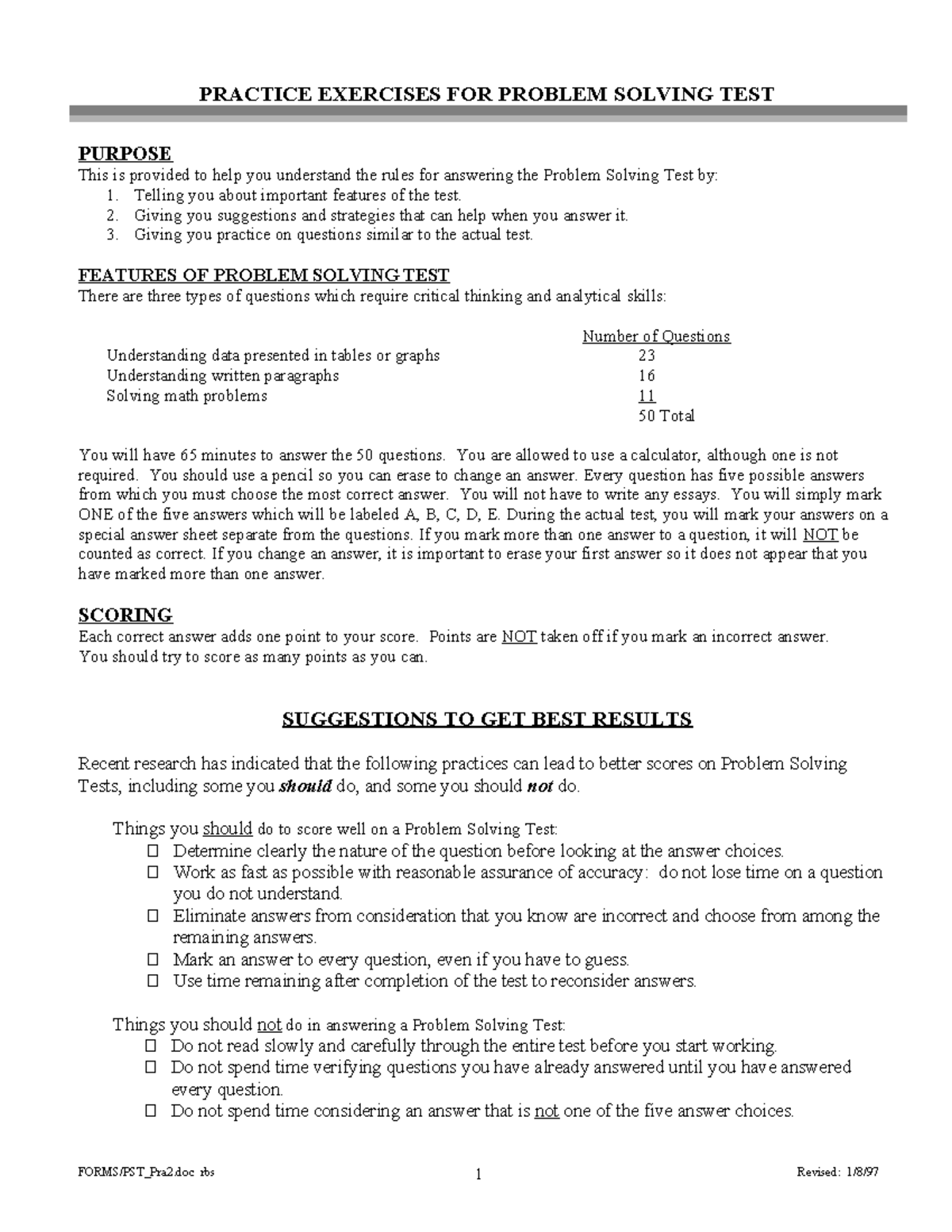 test for practice - PRACTICE EXERCISES FOR PROBLEM SOLVING TEST PURPOSE ...